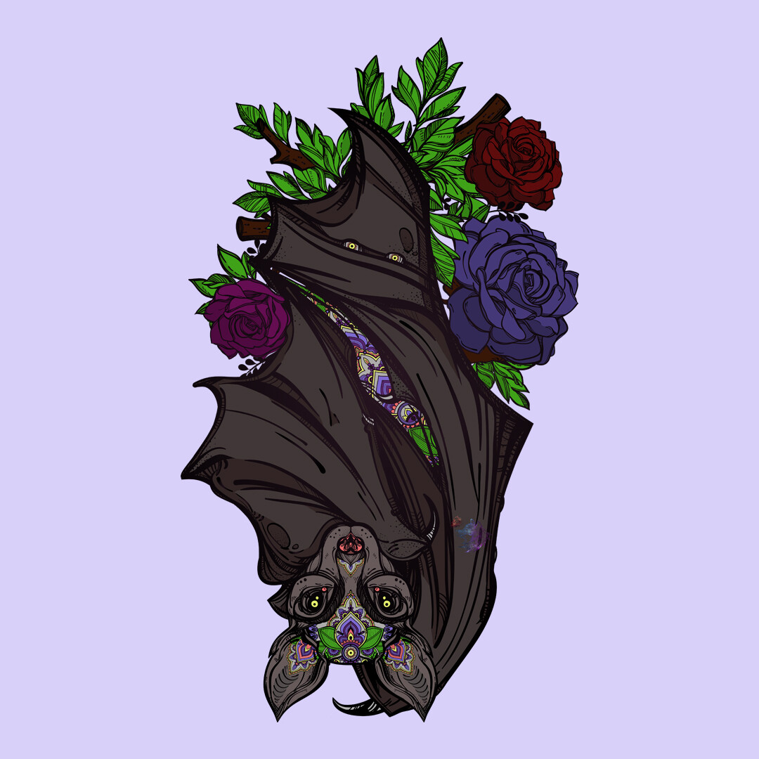 ArtStation - A painted bat with roses and mandalas