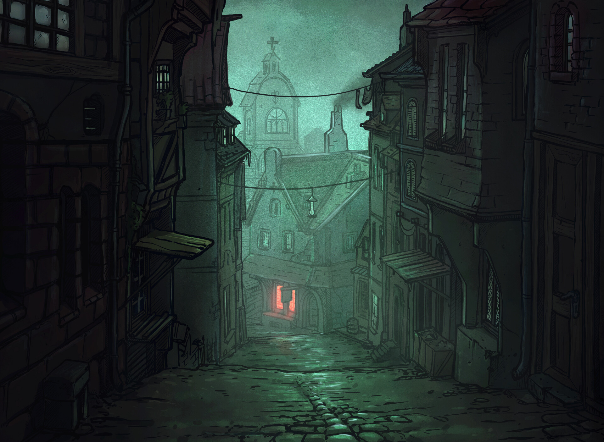 Comic Dark Alleyway At Night