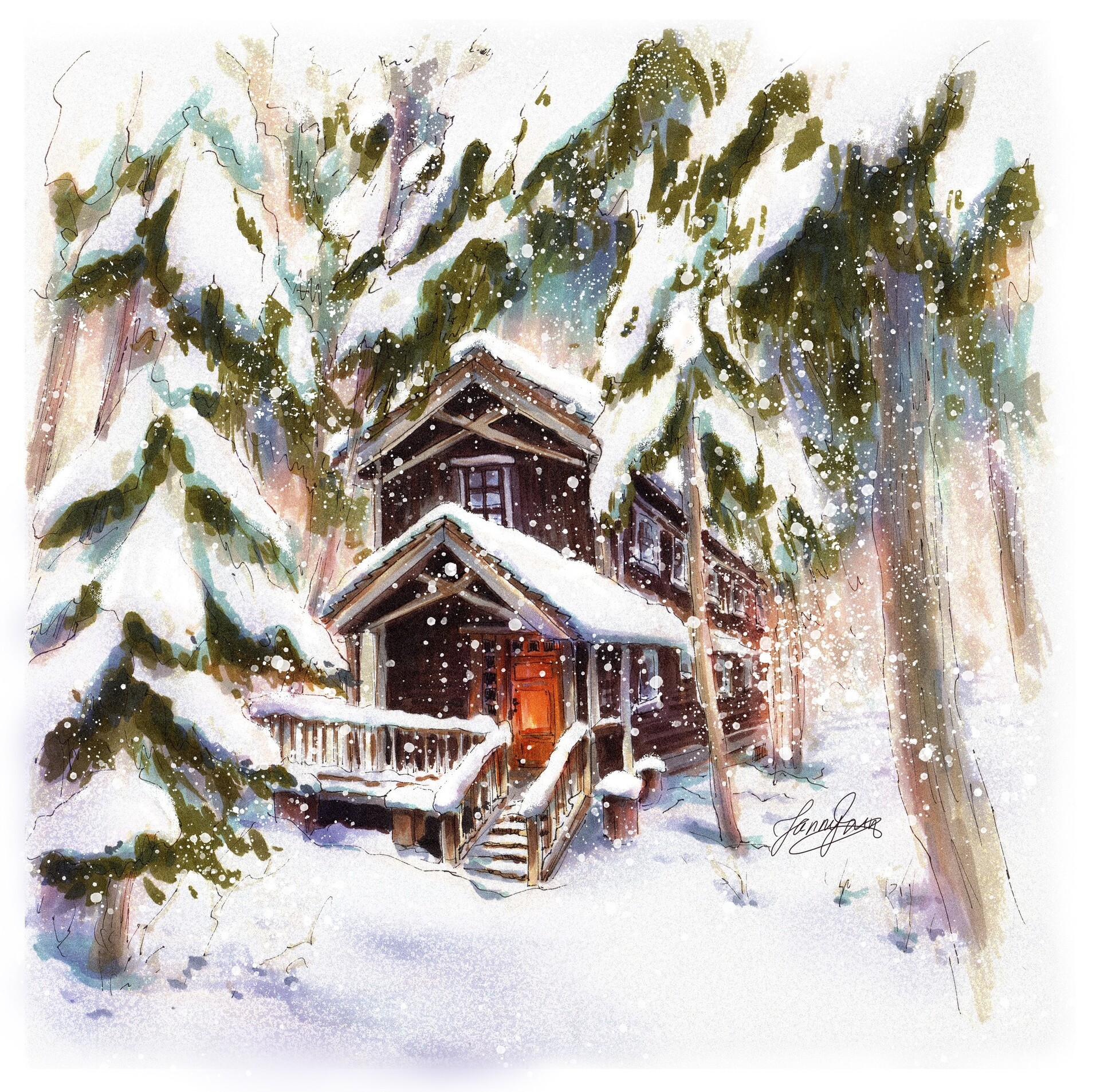 ArtStation - Sketch of a snowy house