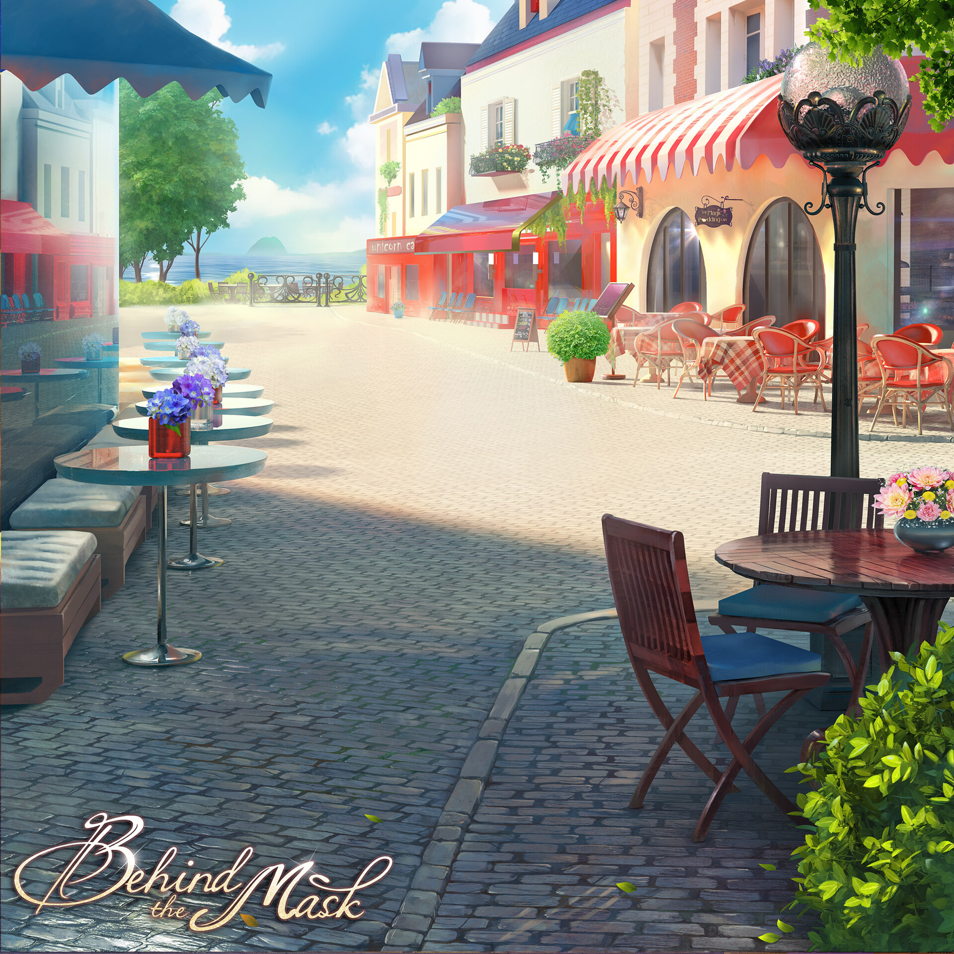 ArtStation - Backgrounds for "Behind the Mask" project. Cafe street day ...