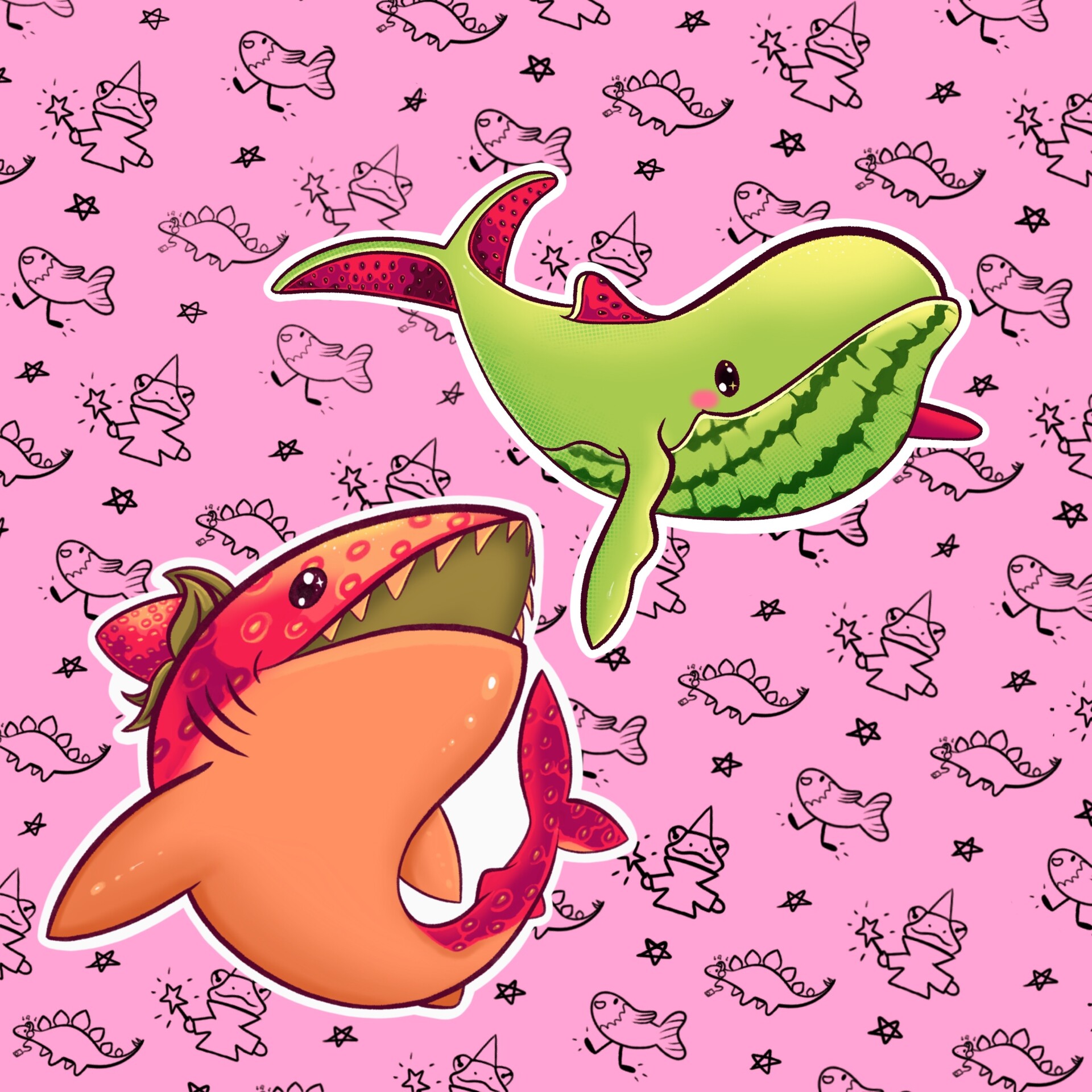 ArtStation - Sea Fruit Creatures - Watermelon Whale, Strawberry Shark