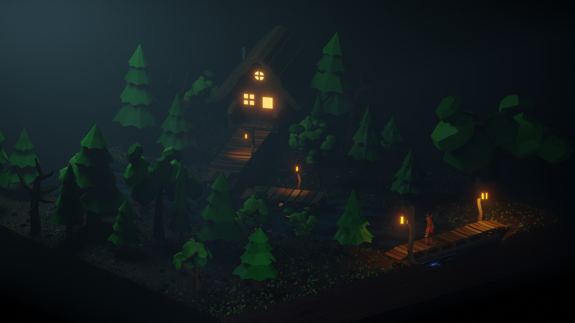 ArtStation - Isometric log cabin lighting focus.