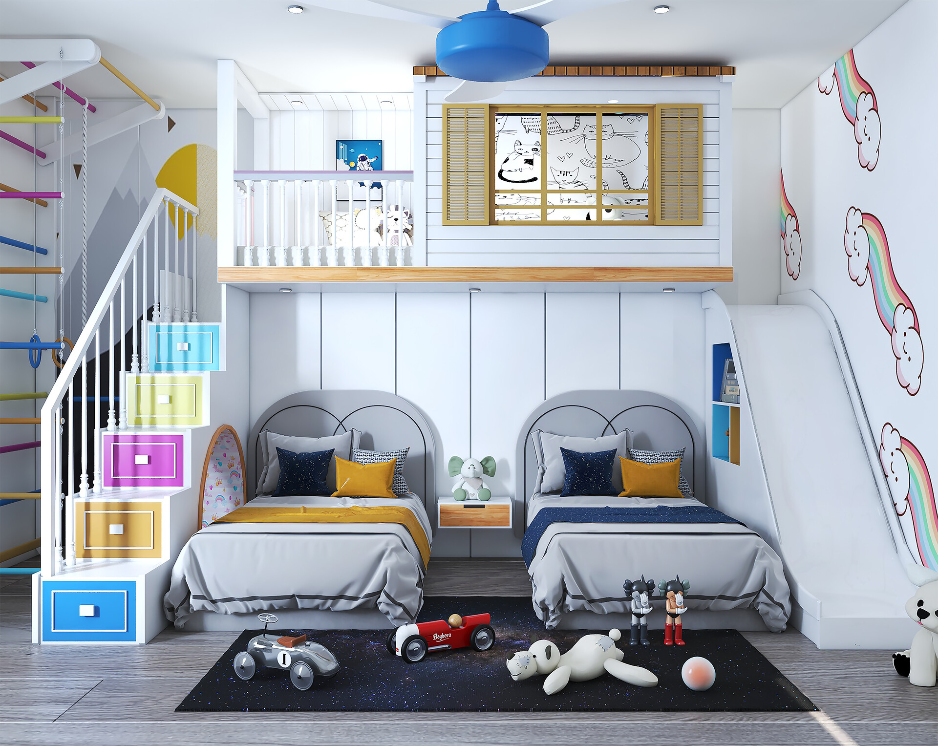 ArtStation - DOUBLE SINGLE BED KIDS BEDROOM