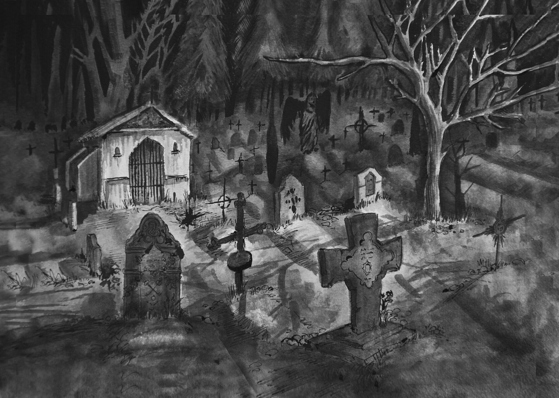 Graveyard Scene Drawing
