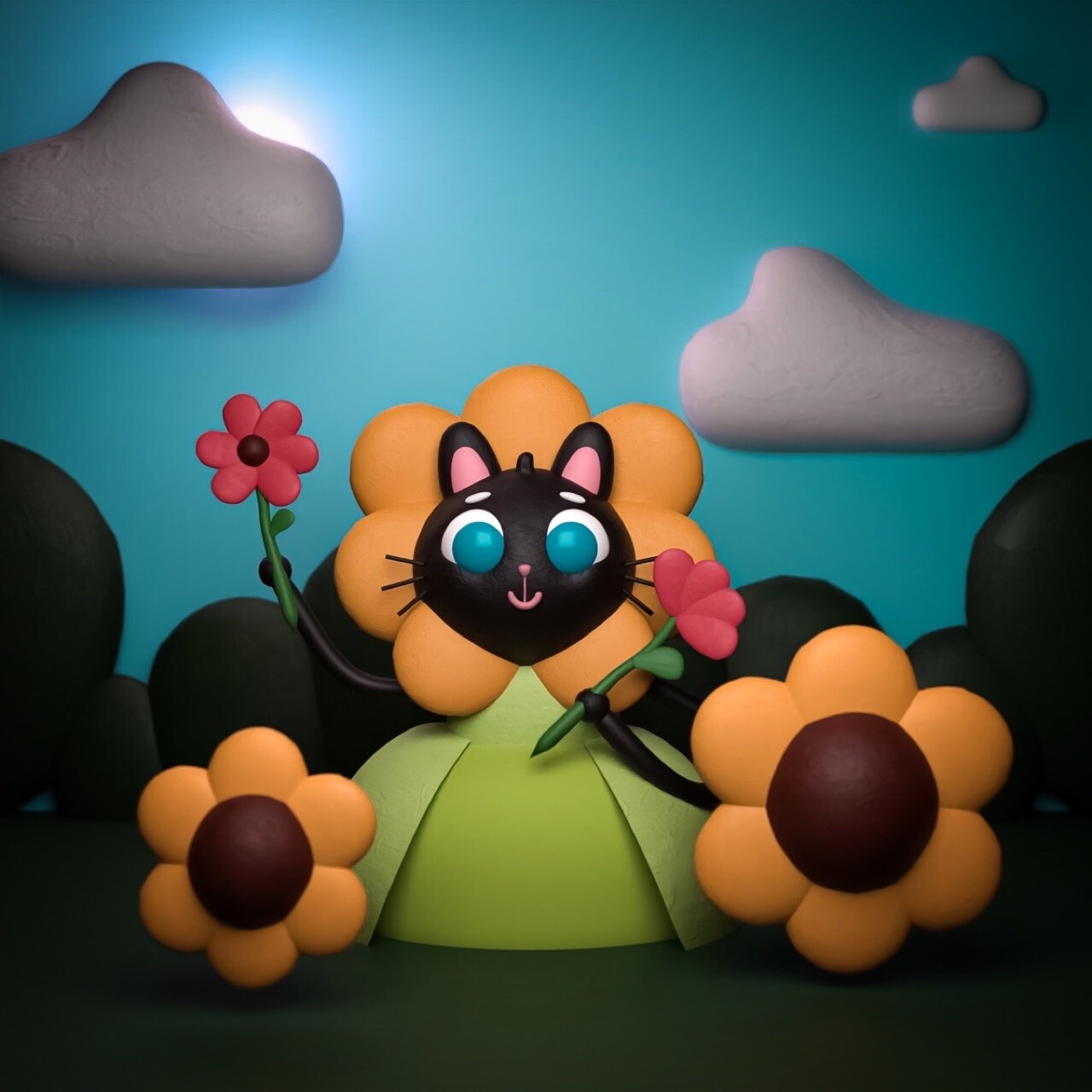 ArtStation - Mabi Gabi DTIYS -Clay render of the flower cat