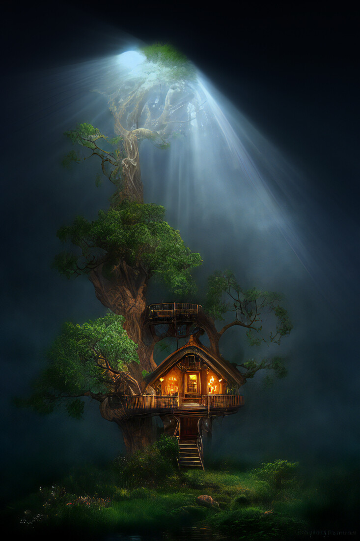 ArtStation - Treehouse under the moon