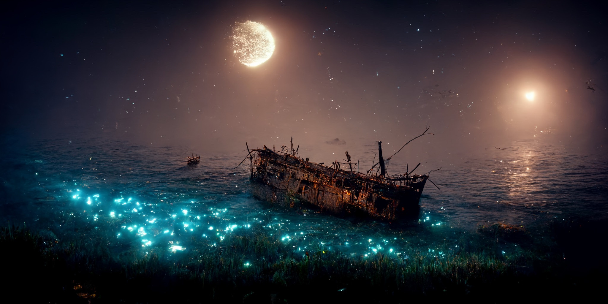 Mistral - A shipwreck on a billowy ocean with fantasy fireflies - Midjourney