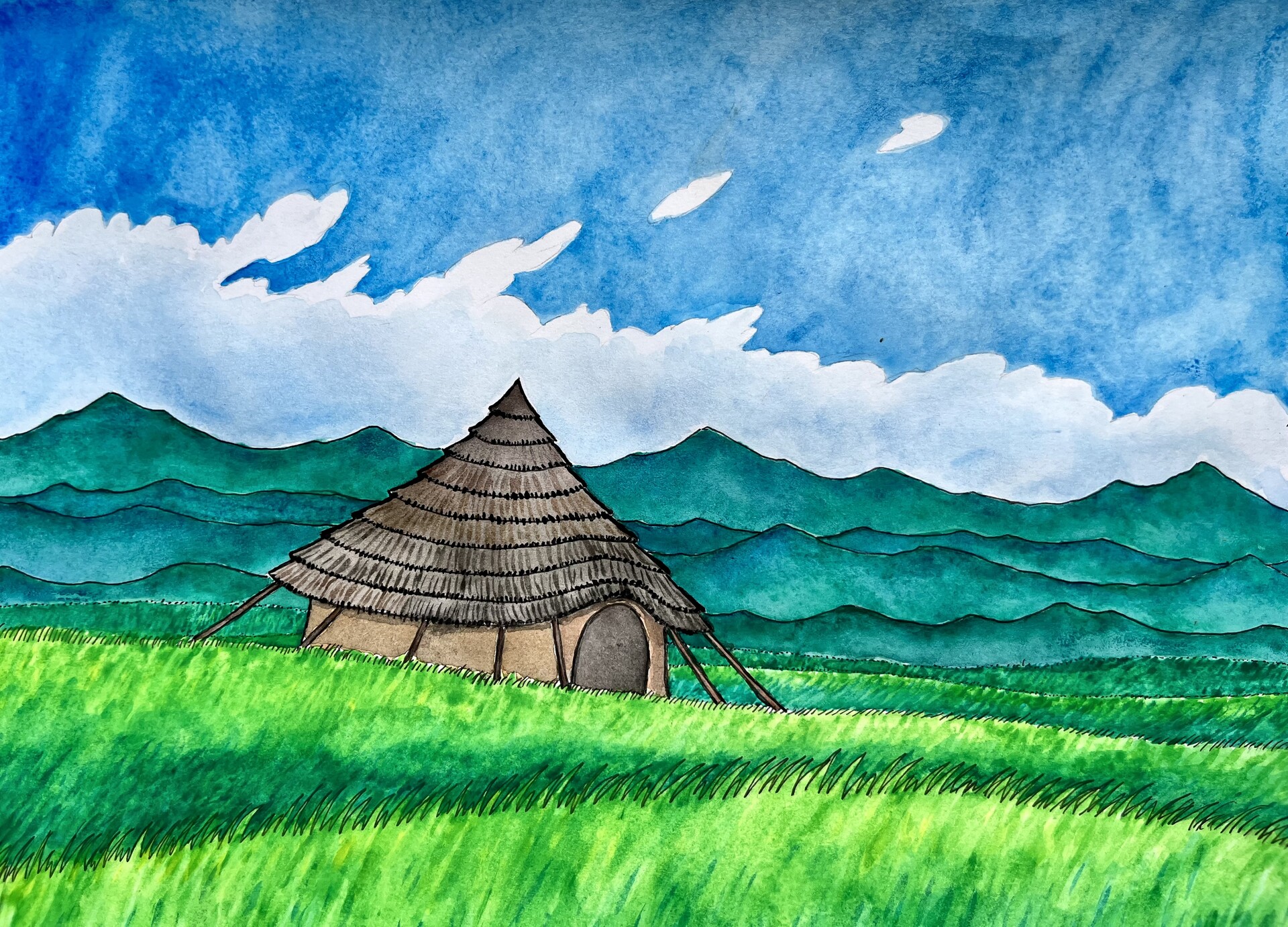 ArtStation - grassy field with hut