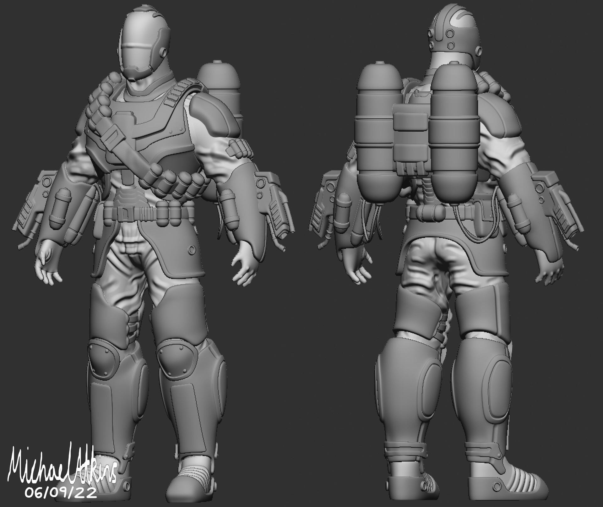 ArtStation - Michael Atkins 3D Futuristic Flamethrower Soldier Character Sheet AO