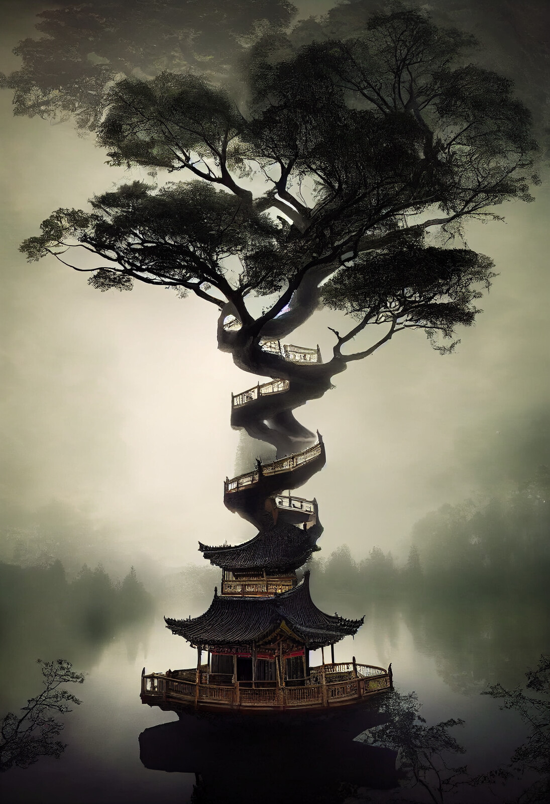 Mistral - Chinese treehouse 中国树屋 - Midjourney