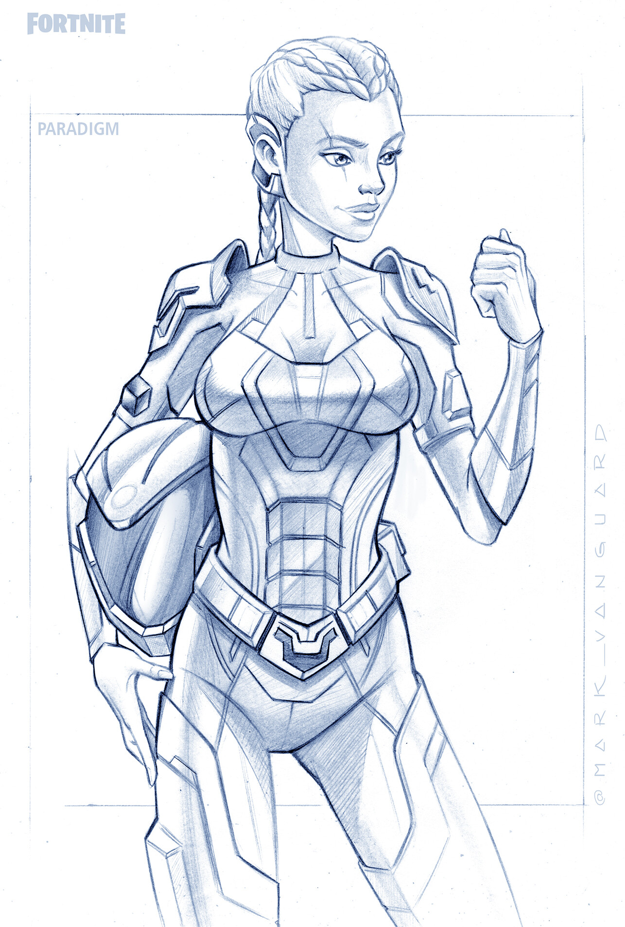 ArtStation - paradigm fortnite character pentel blue graphite on paper