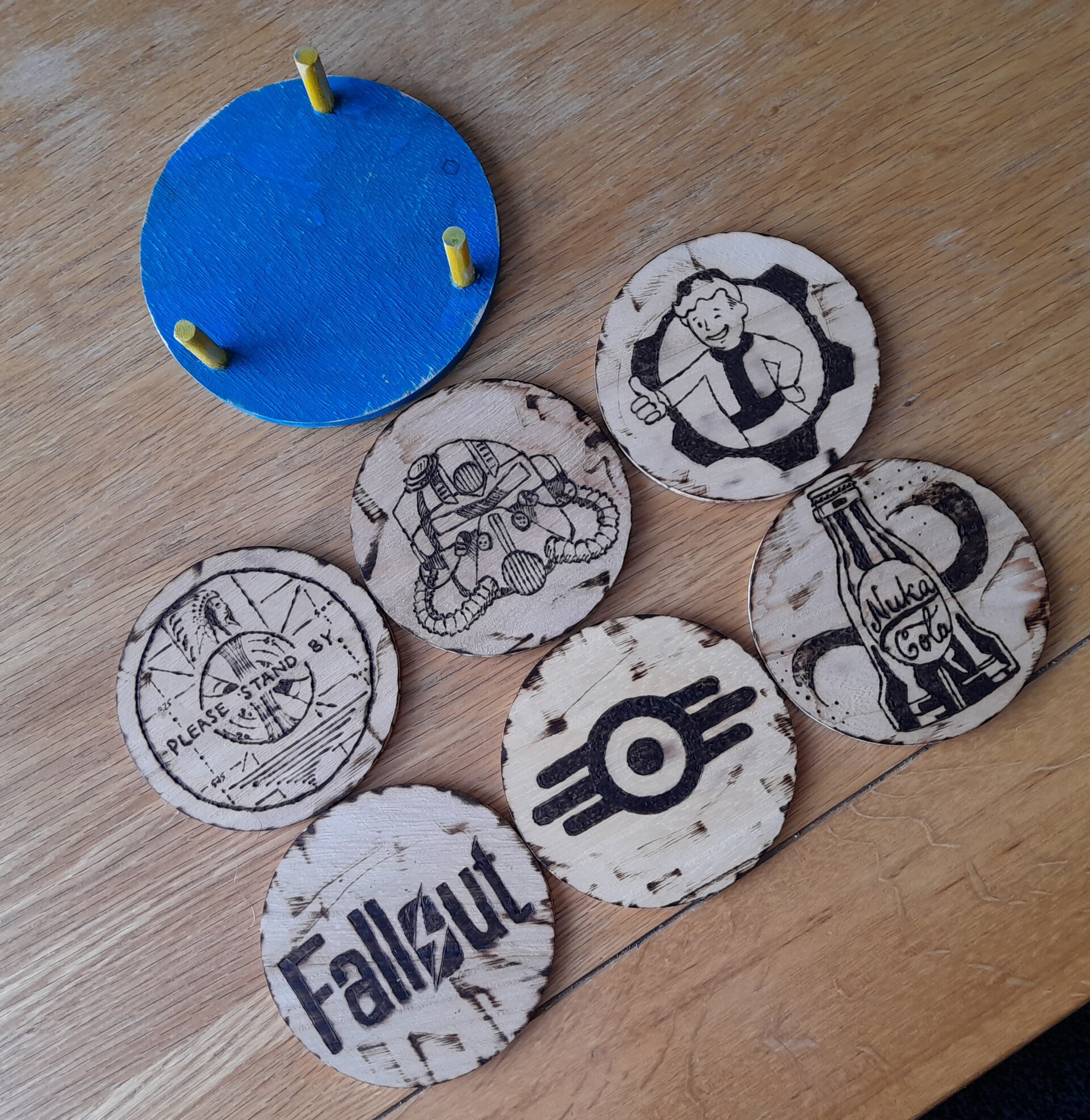 ArtStation - woodburning fallout coasters