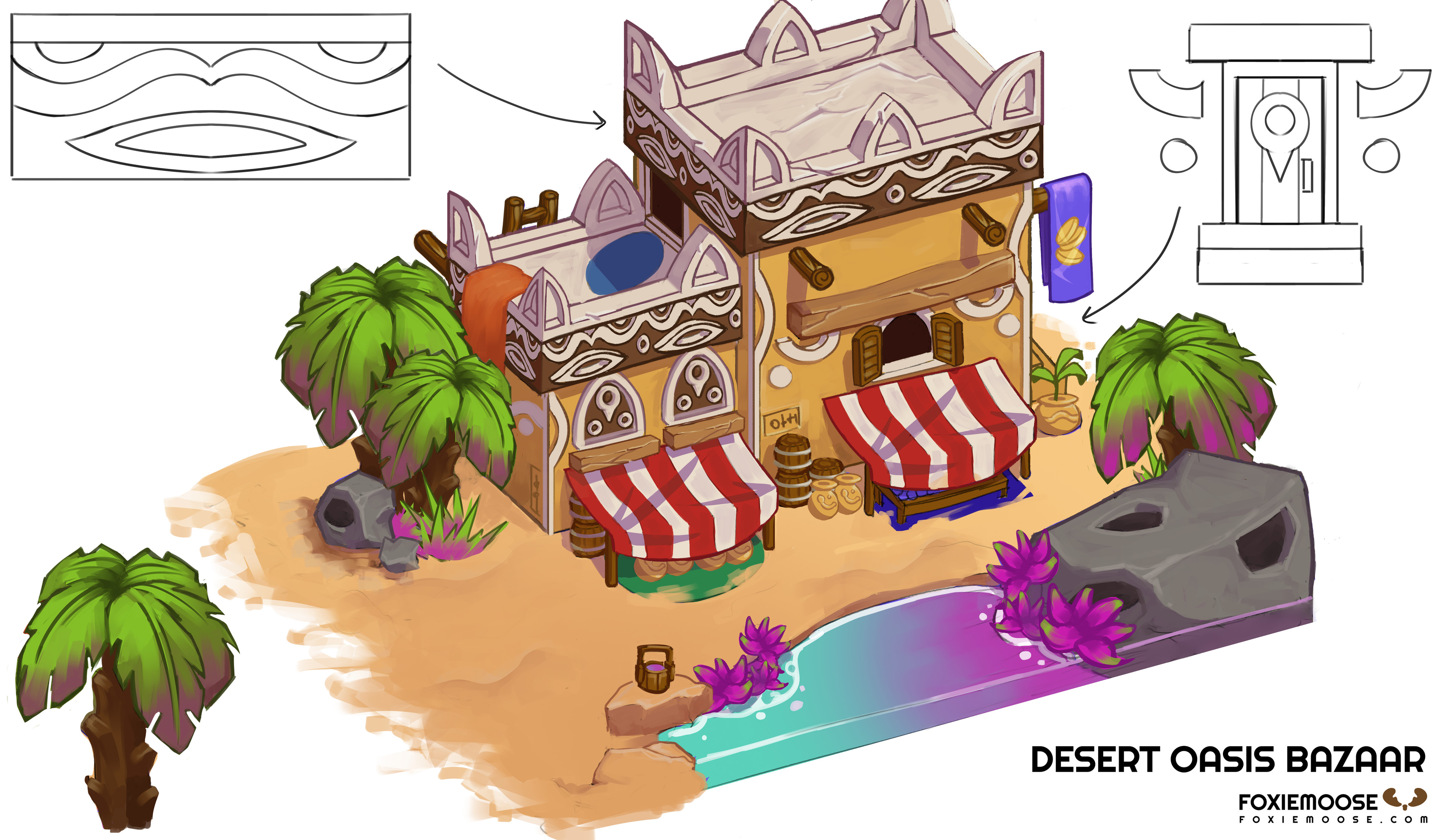 Tyier Godette - Desert Oasis Bazaar - Isometric Stylized Fantasy Concept Art