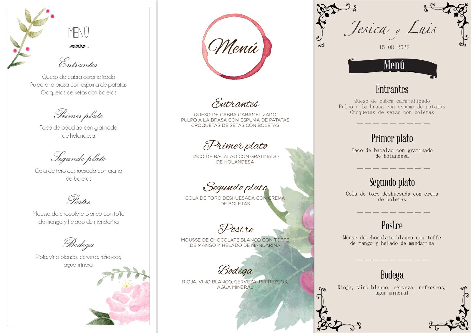 Sara - Wedding menu design and communion comission
