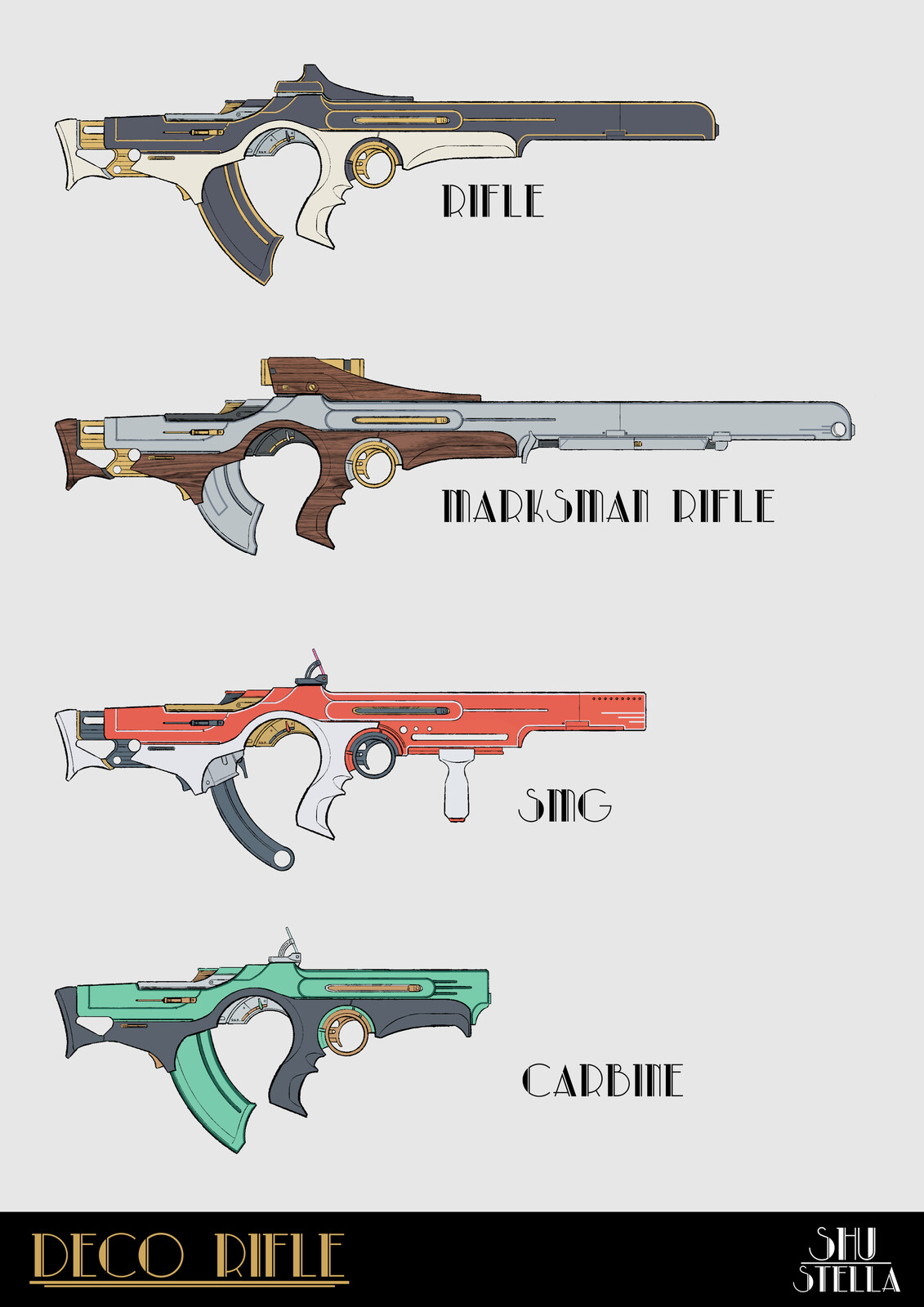 Shu Stella - Weapon sketch - Decopunk rifle and its variants