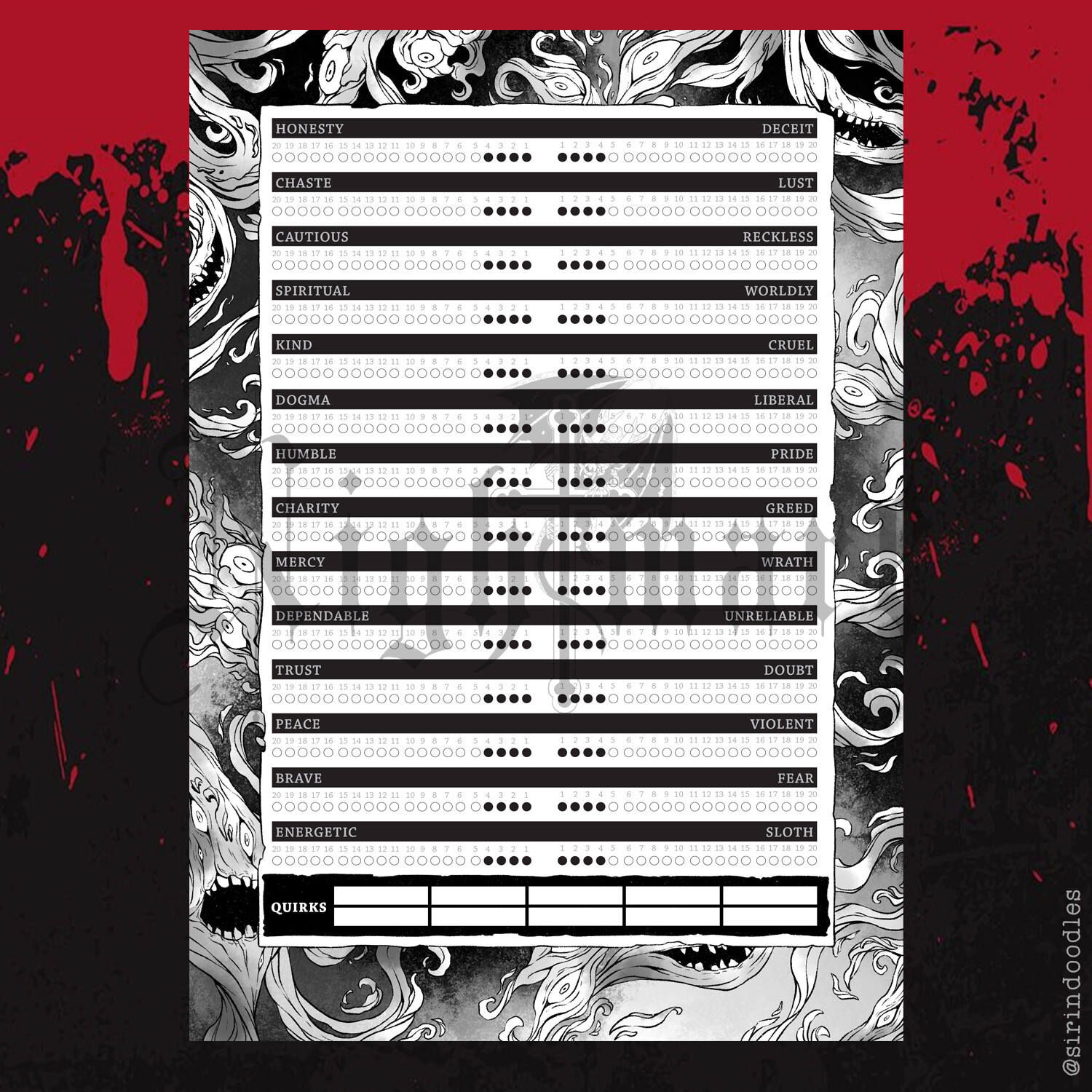 Sirin Doodles - TTRPG Character Sheet and Trait Sheet for Nightmare Game