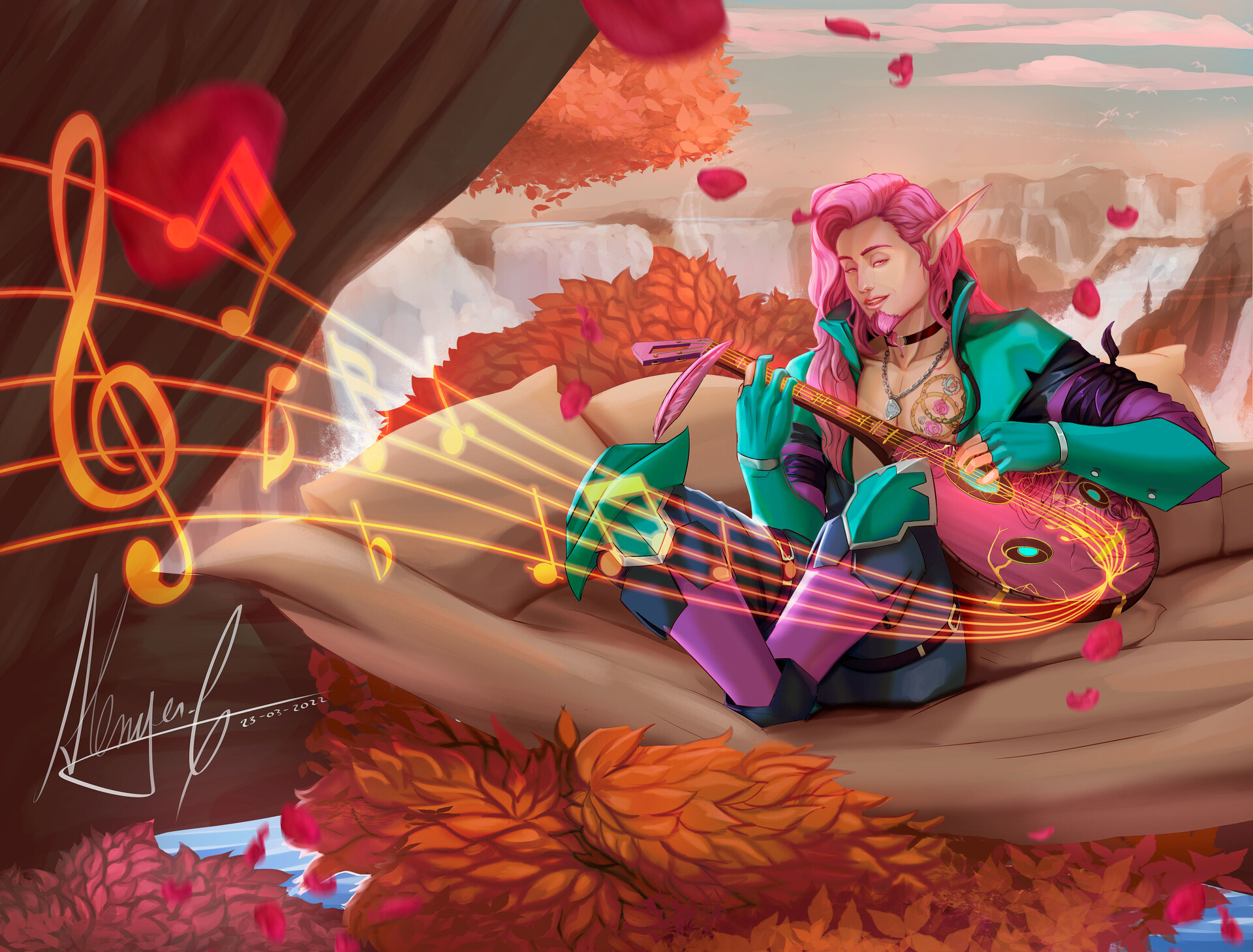 ArtStation - elf playing an instrument in a tree