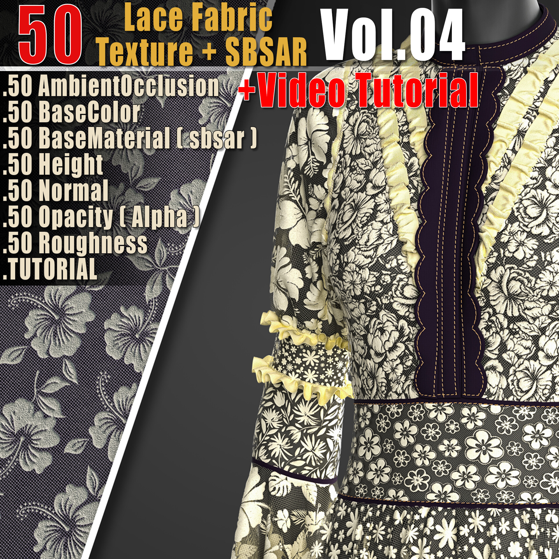 ArtStation - 50 Lace Fabric Texture + Sbsar + VideoTutorial Vol04