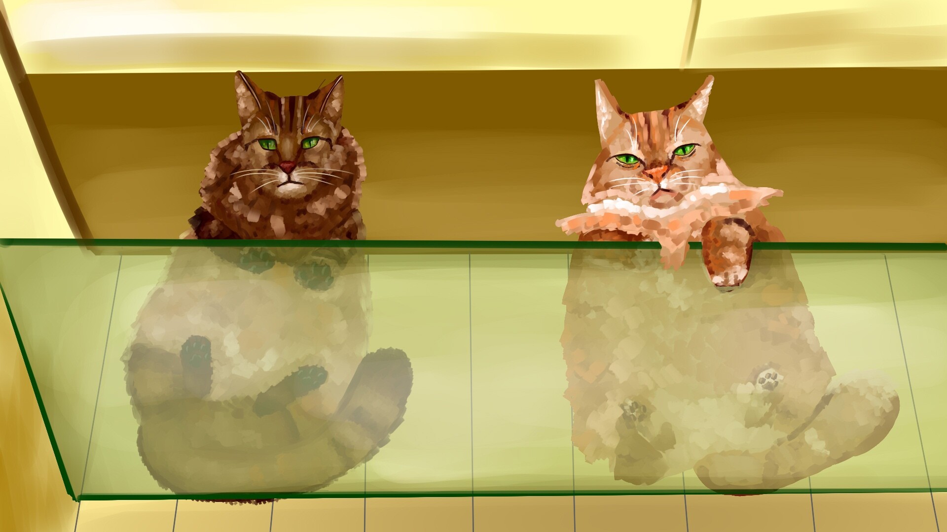 ArtStation - two cats on a glass table