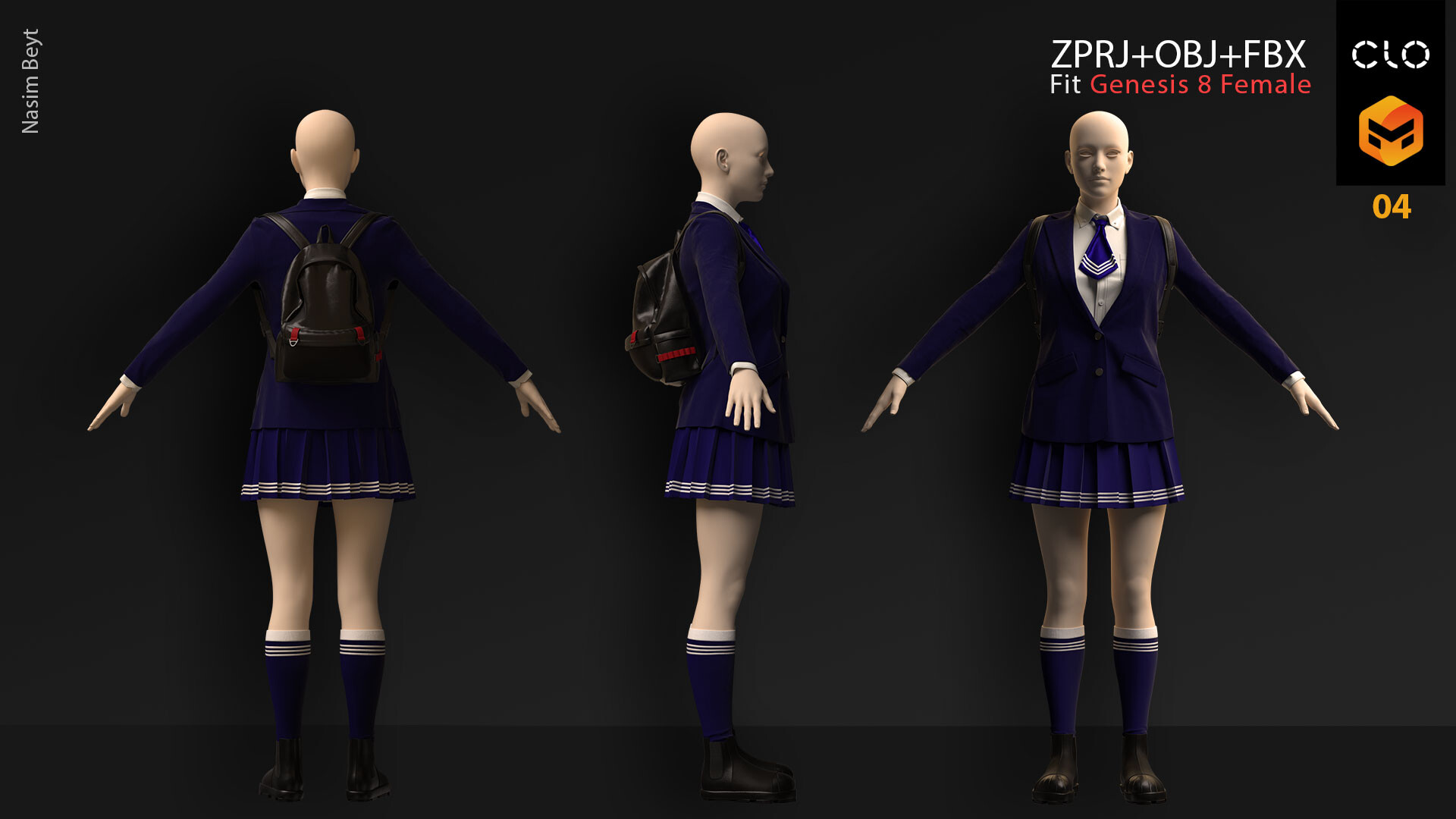 Nasim Beyt - SCHOOL UNIFORM with BAG & SHOES PACK with TEXTURES (VOL.04). CLO3D, MD PROJECTS+OBJ+FBX