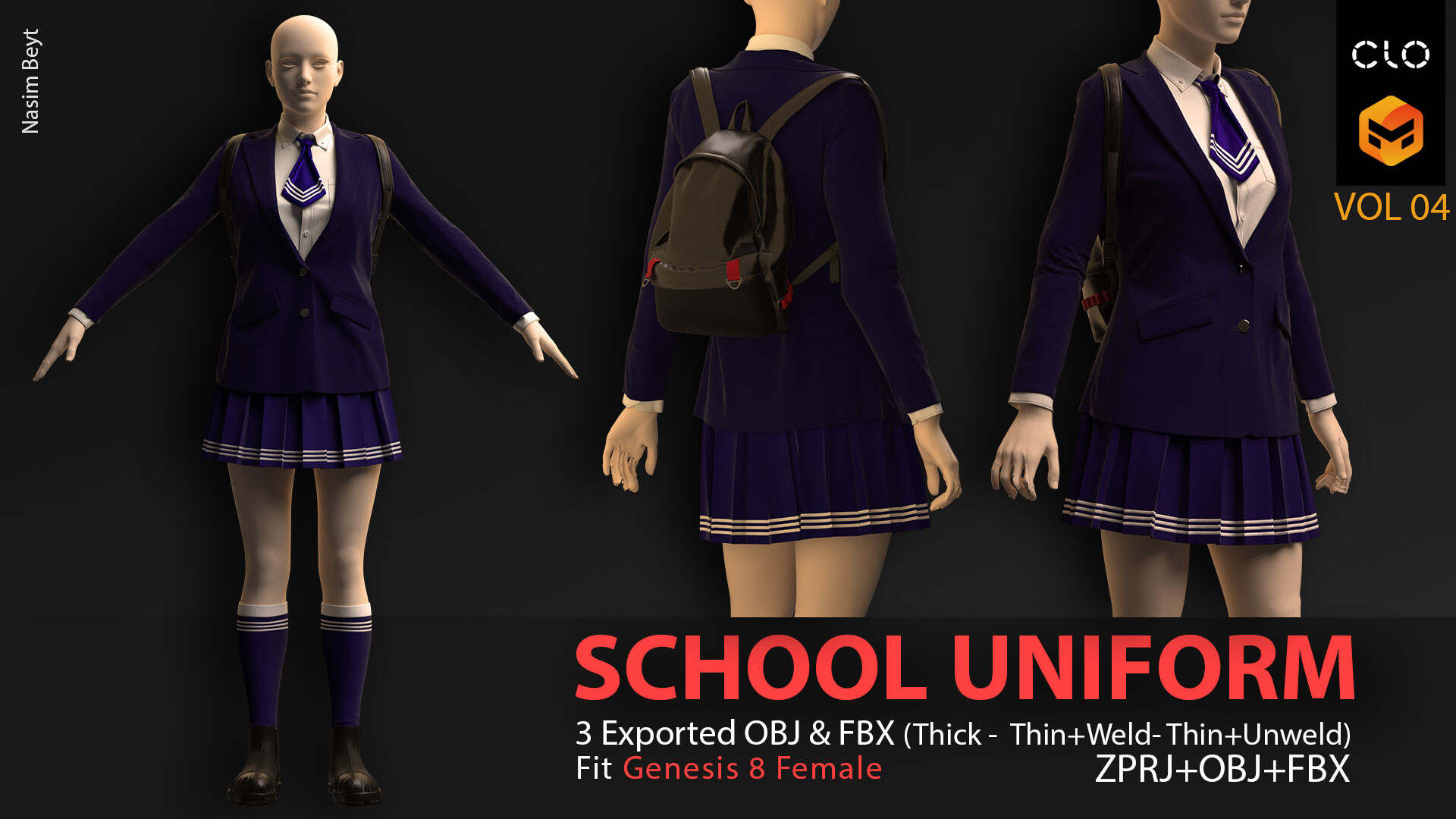 Nasim Beyt - SCHOOL UNIFORM with BAG & SHOES PACK with TEXTURES (VOL.04). CLO3D, MD PROJECTS+OBJ+FBX