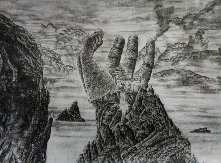 ArtStation - A sketch of a giant stone hand! Holding an ancient citadel ...