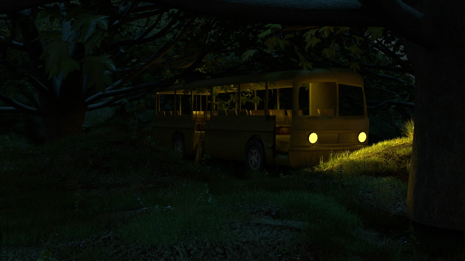 ArtStation - Destroyed Bus In The Forest