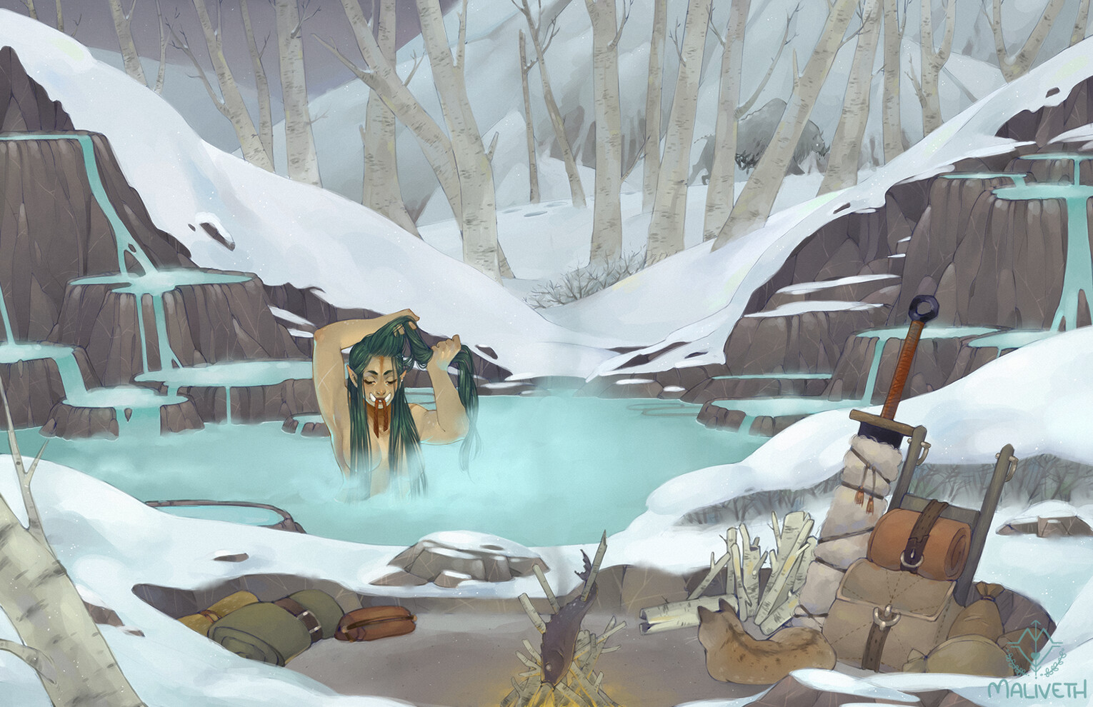 ArtStation - Hot Spring & An Uninvited Guest