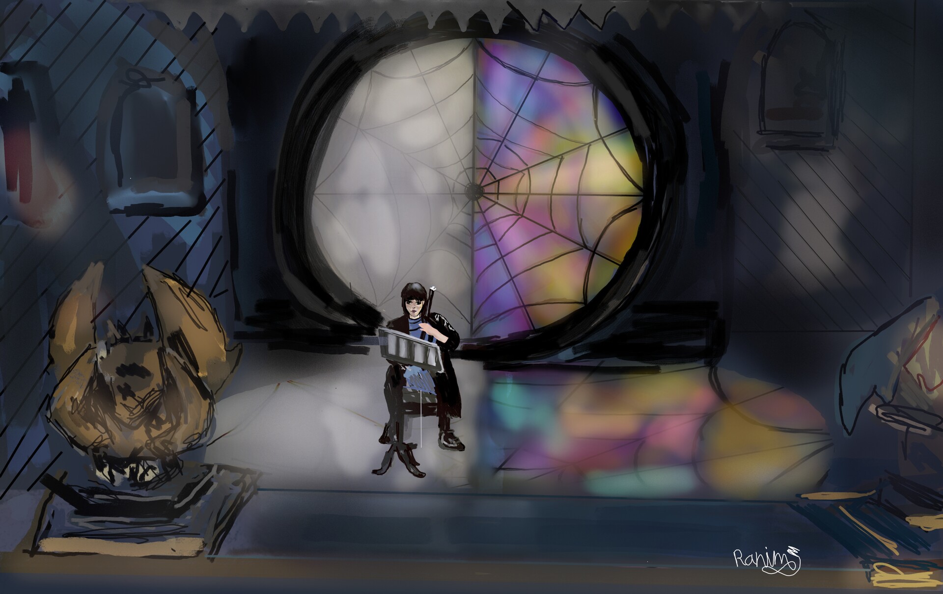 ArtStation - Wednesday addams cello scene painting