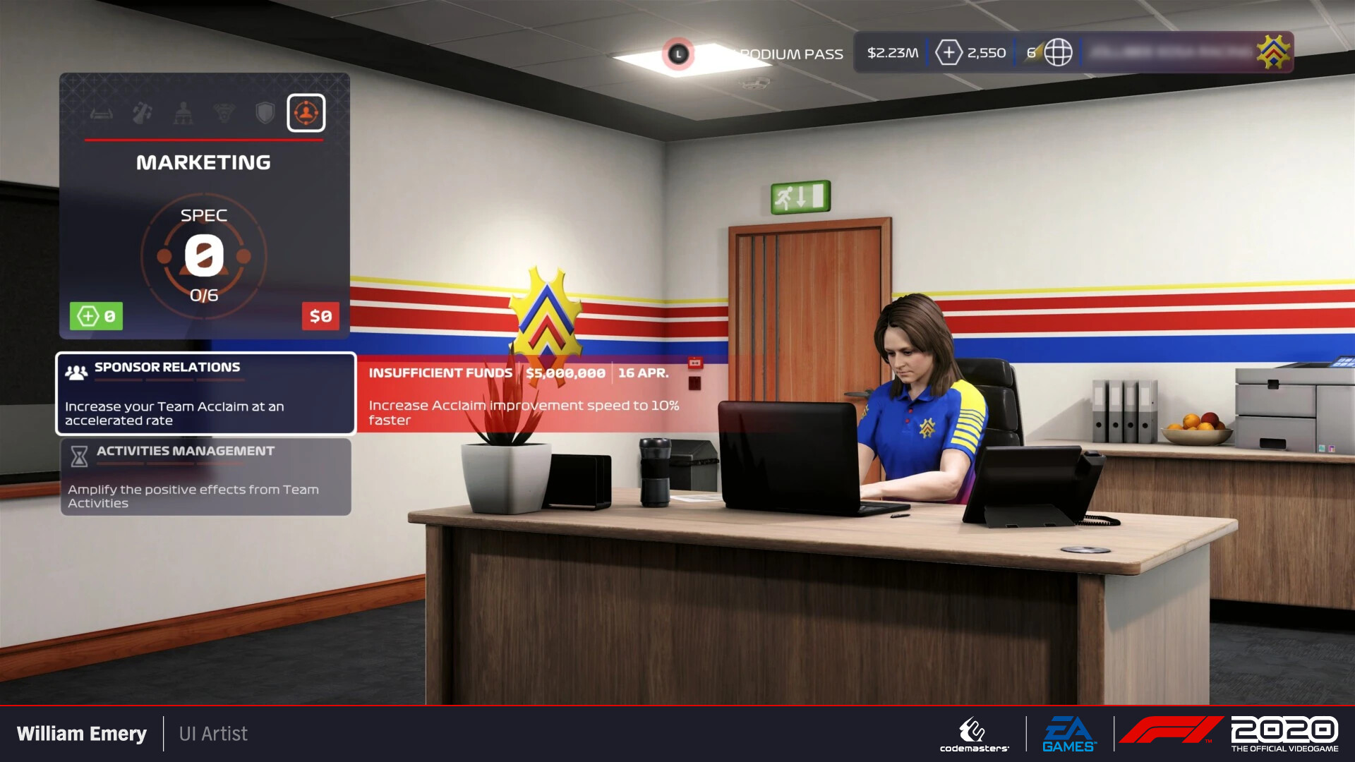 William Emery - F1 2020 - Facilities UI