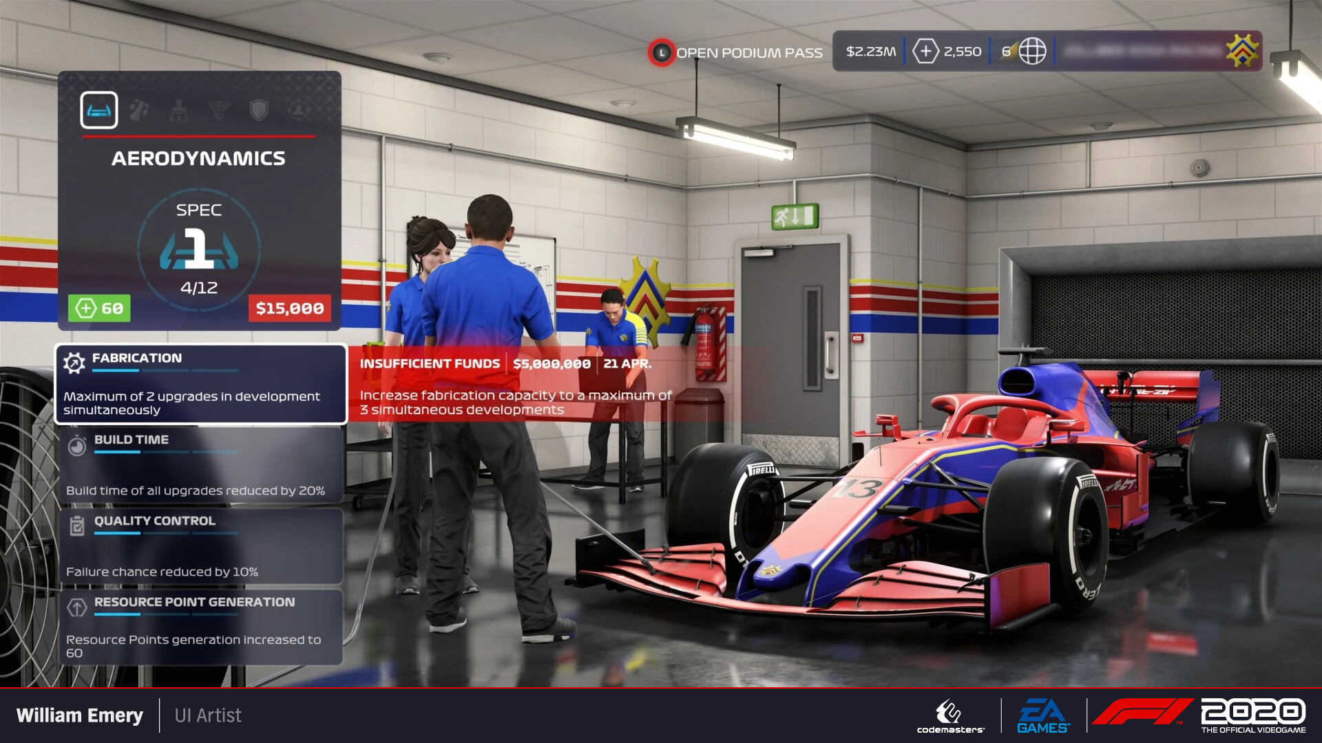 William Emery - F1 2020 - Facilities UI