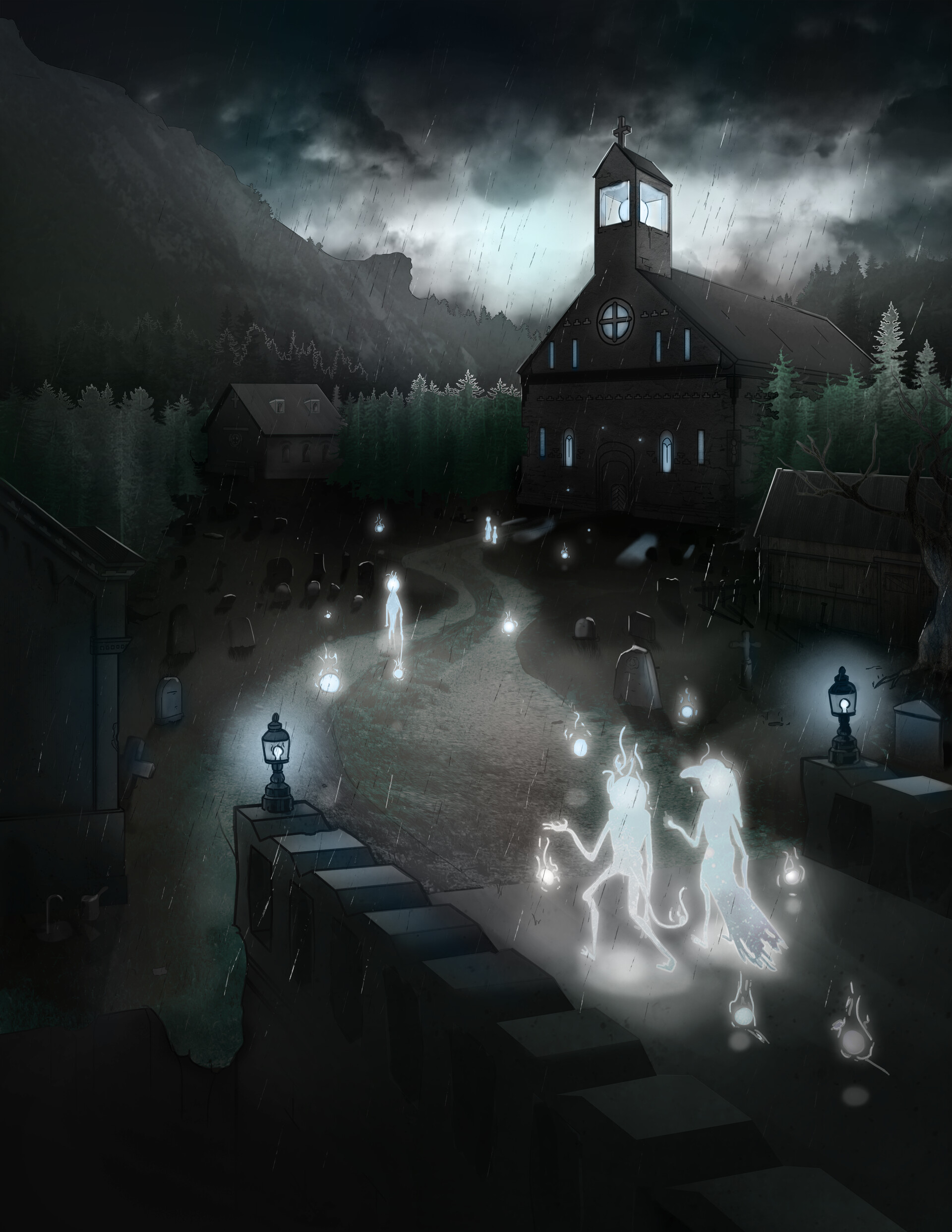 ArtStation - Spirits on a graveyard environment concept