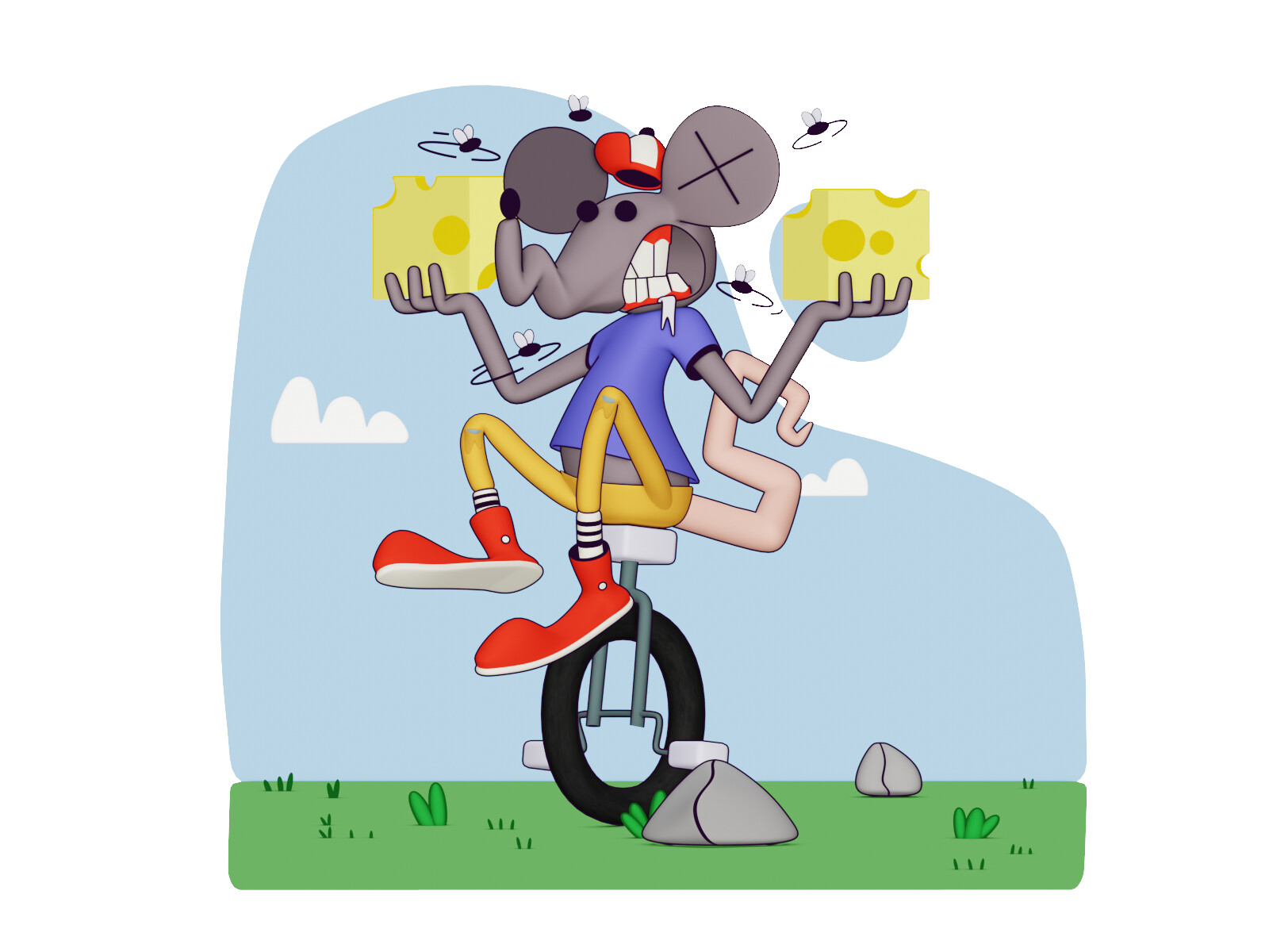 ArtStation - 3D illustration. Crazy mouse with cheese on a unicycle