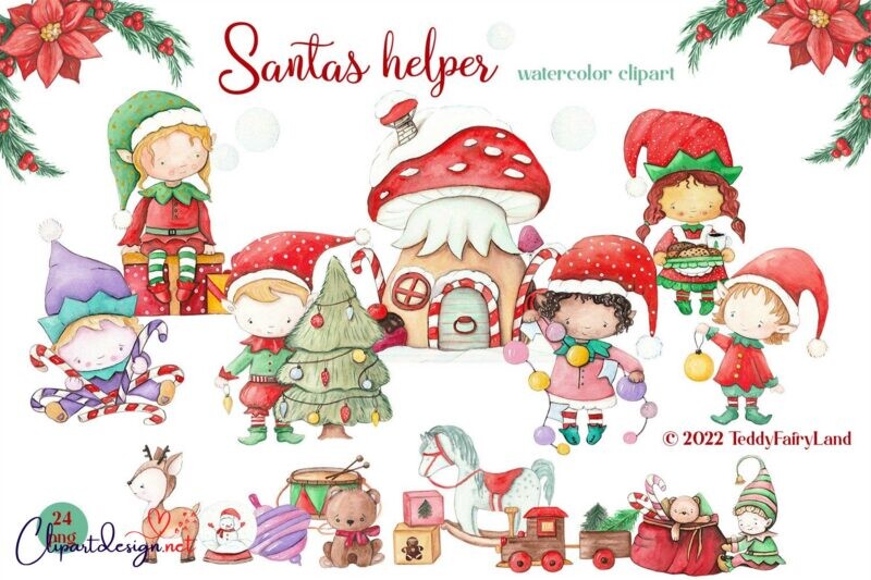 ArtStation - Santa Claus Helpers Clipart Merry Christmas Elf Watercolor ...