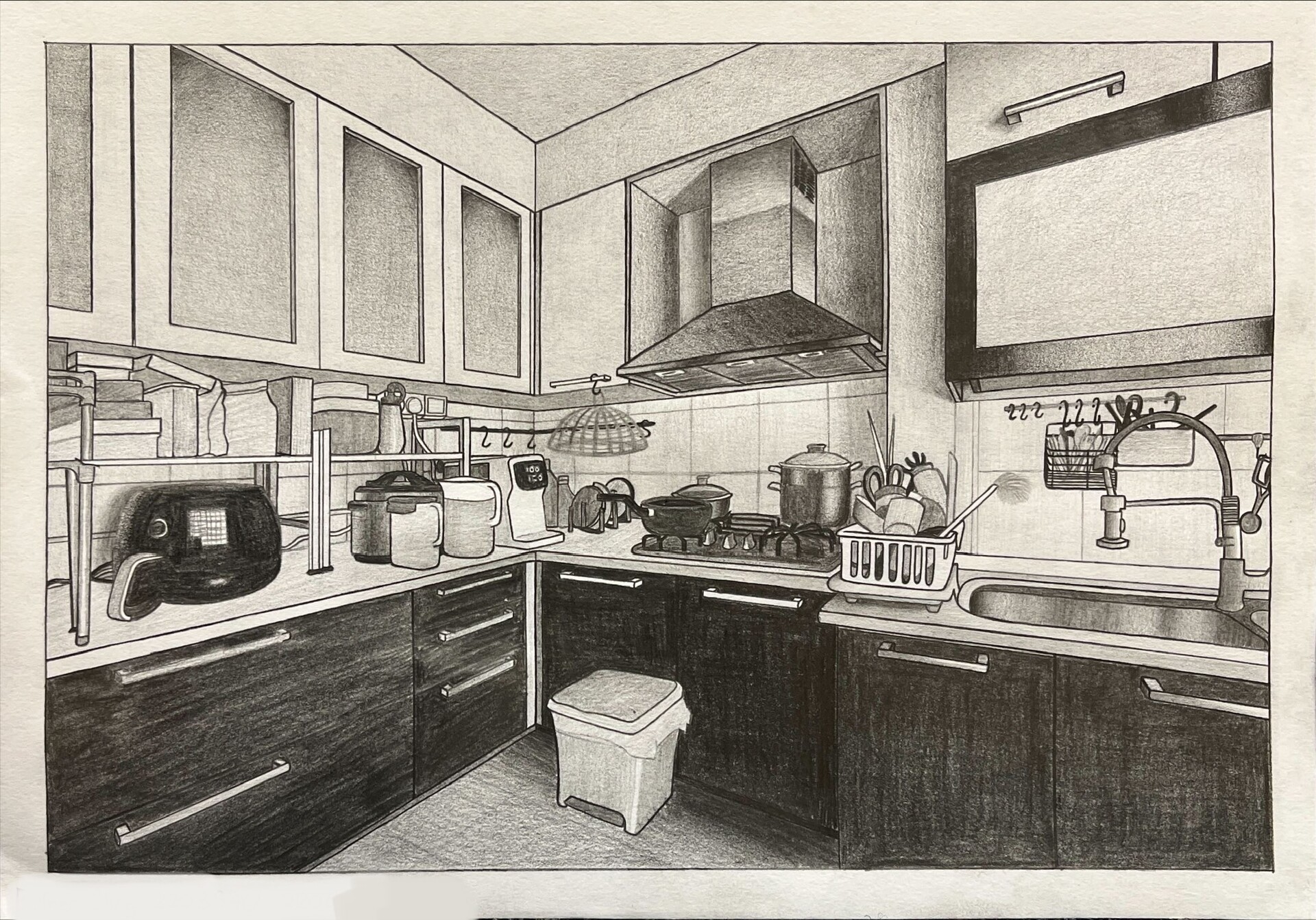 how to draw 2 point perspective kitchen
