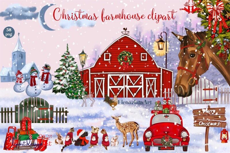 ArtStation - Christmas Farmhouse Clipart Merry Christmas PNG ...