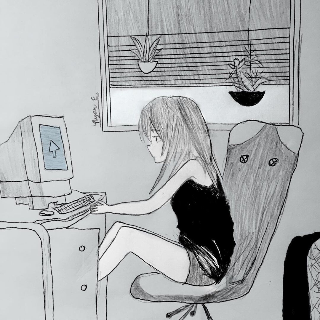 anime girl using computer