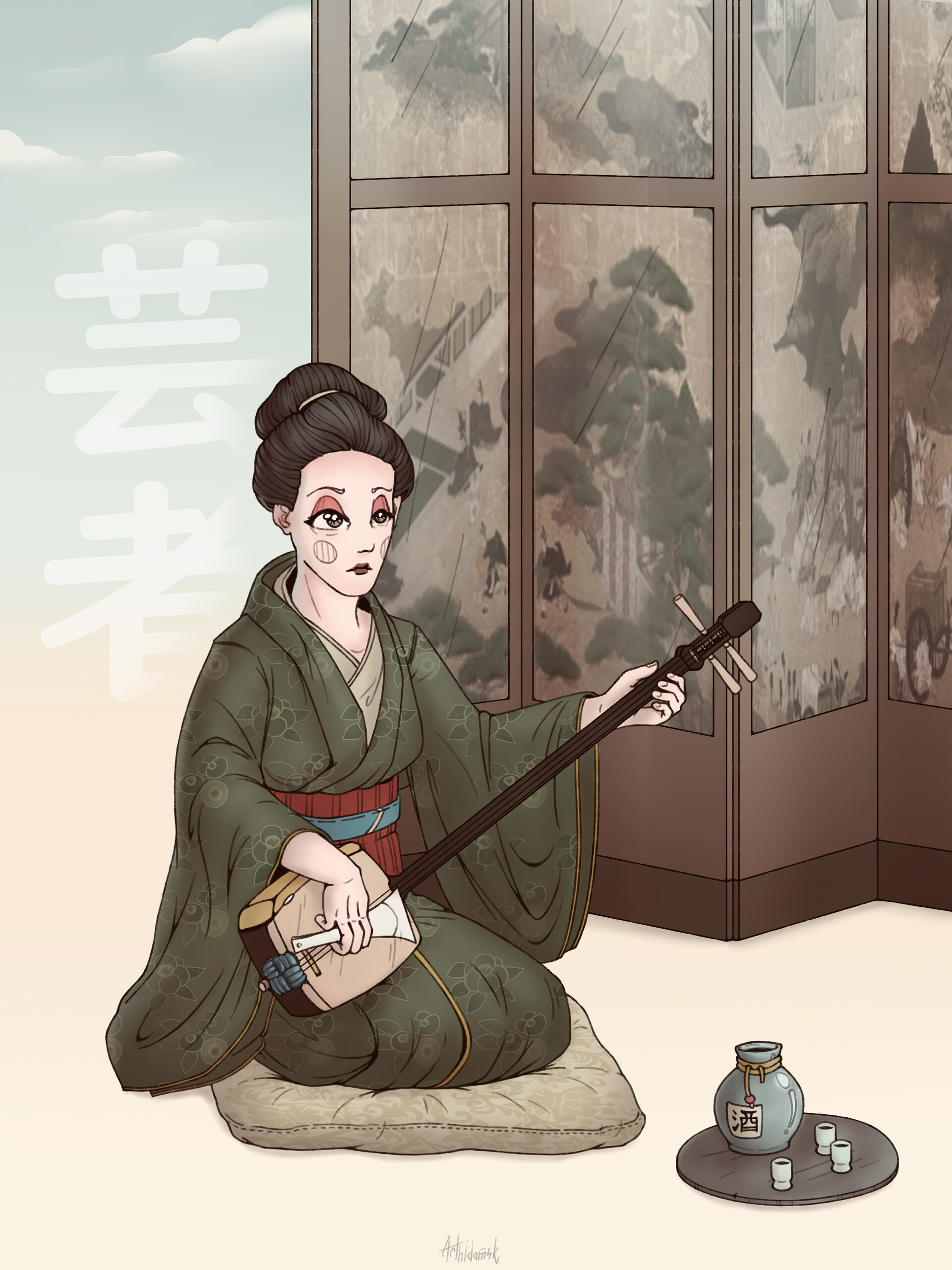 ArtStation - A Japanese style image of a geisha playing a shamisen 👘🌸