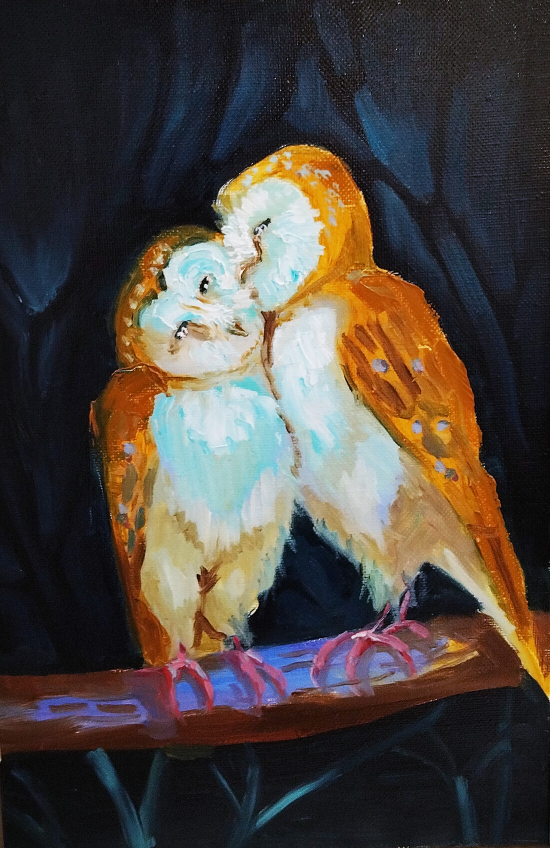 ArtStation - Barn owls preening each other - oil painting