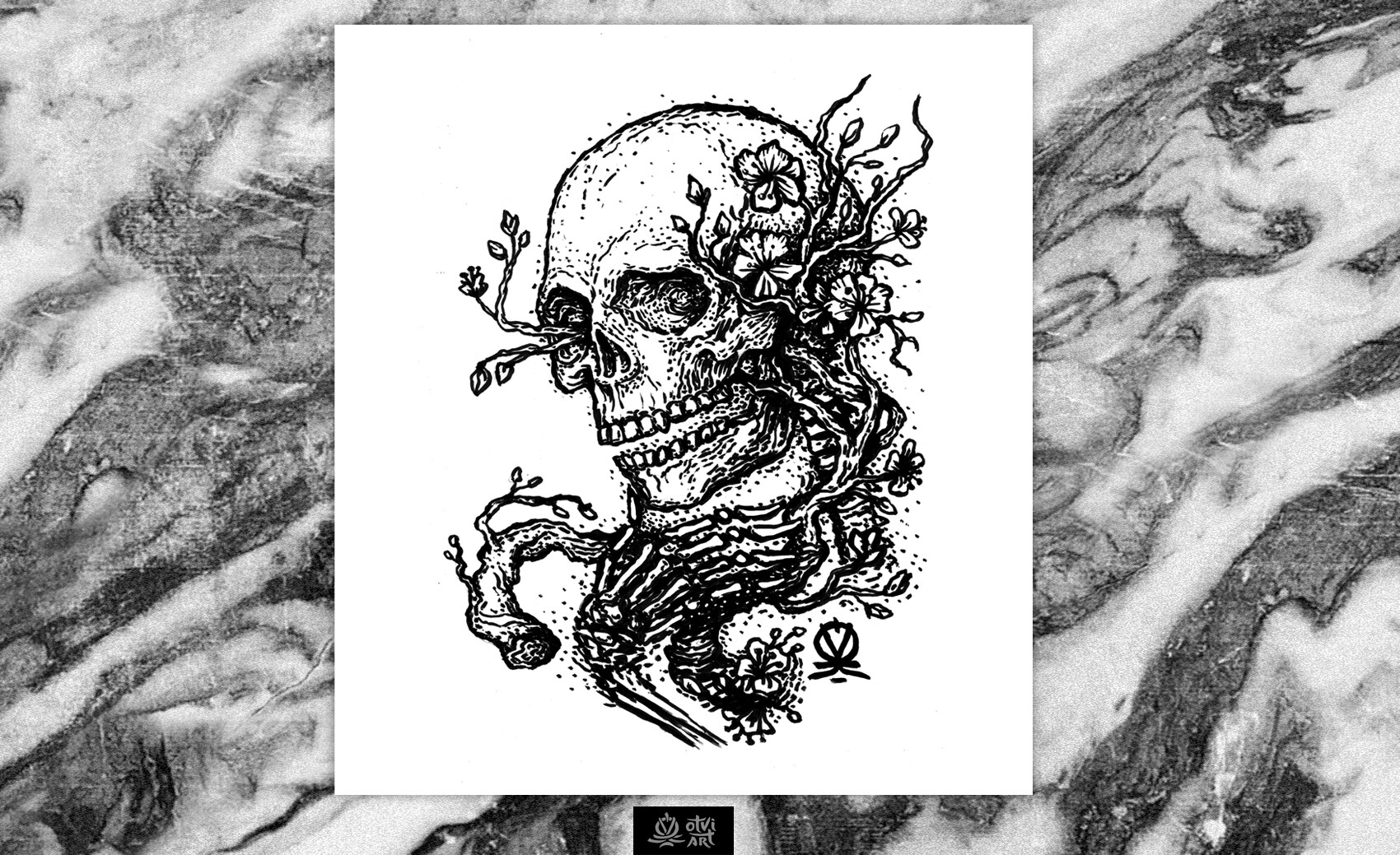ArtStation - Ink Skull and blossoms illustration