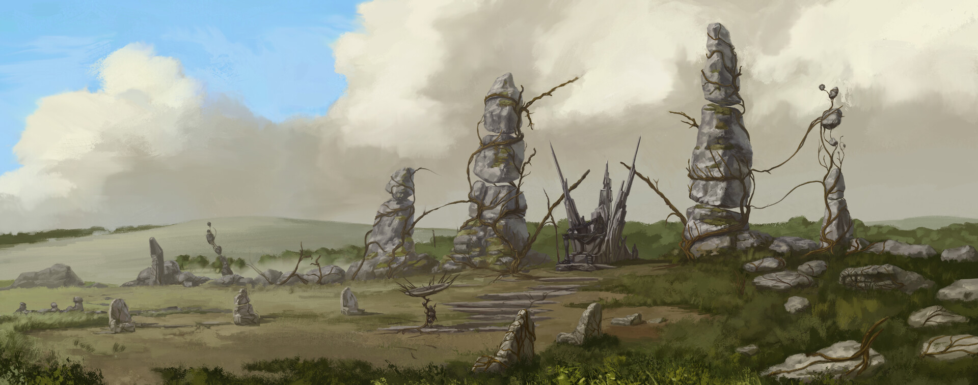 ArtStation - Tall rusty iron man sitting in the stone chair surrounded ...