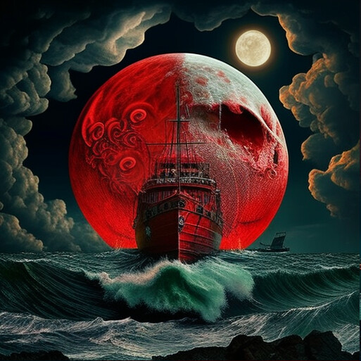 ArtStation - Old ship and a red moon over a stormy ocean