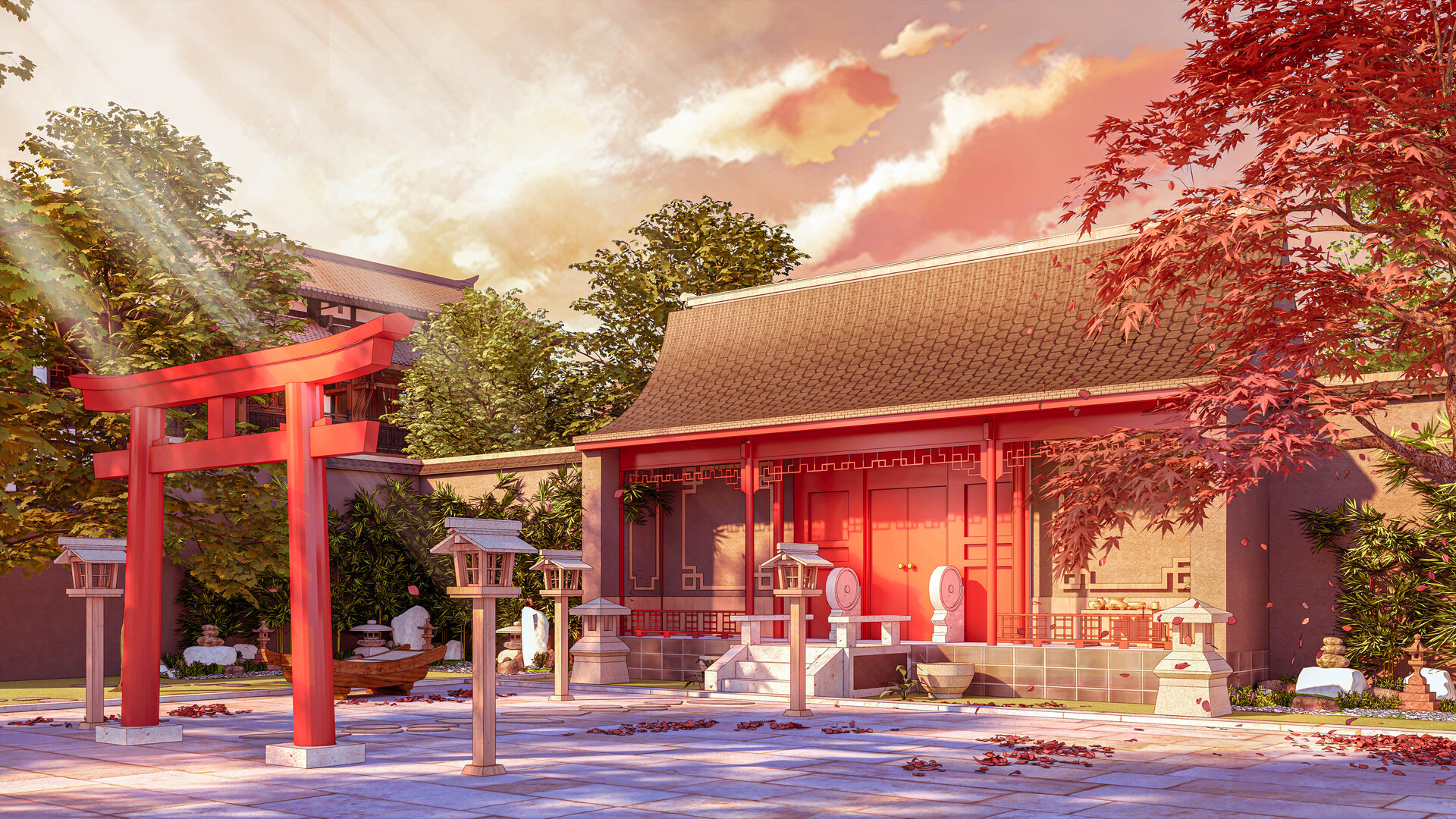 ArtStation - Red temple at dusk