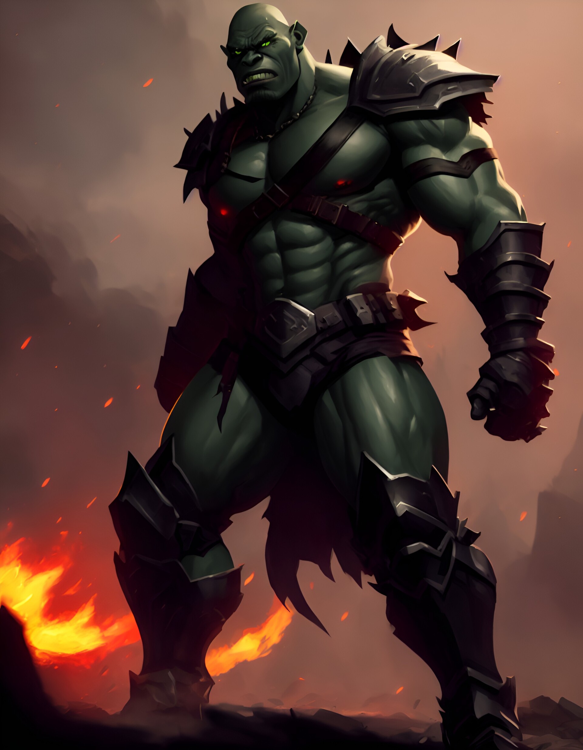 ArtStation - A dark green skinned orc in black armor on a battlefield.