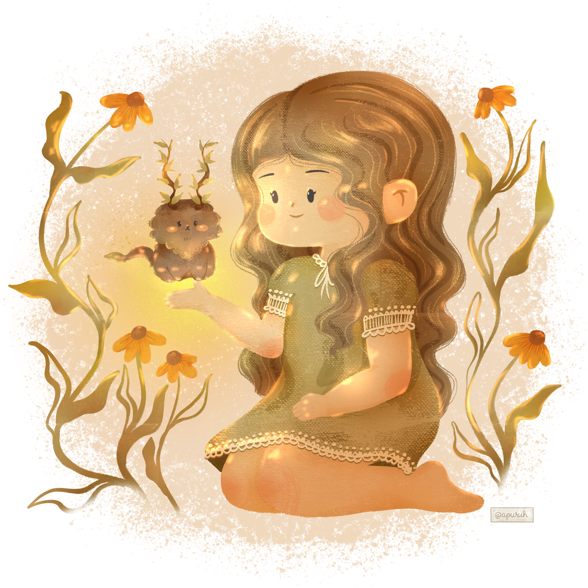 ArtStation - Cute Curly Haired Girl with her Magical Fur Creature