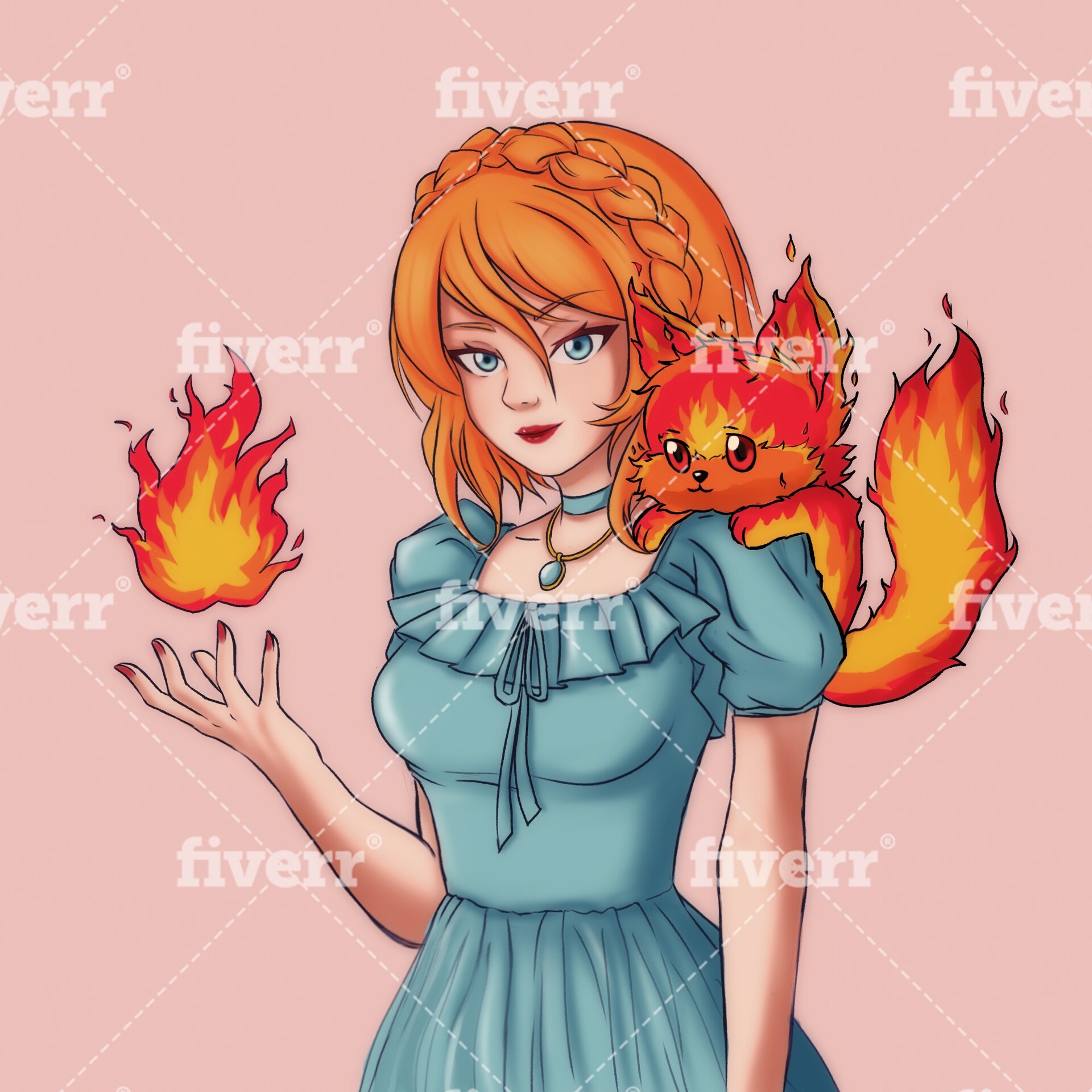ArtStation - Flame Elementalist with a cute fox familiar - Commission Work