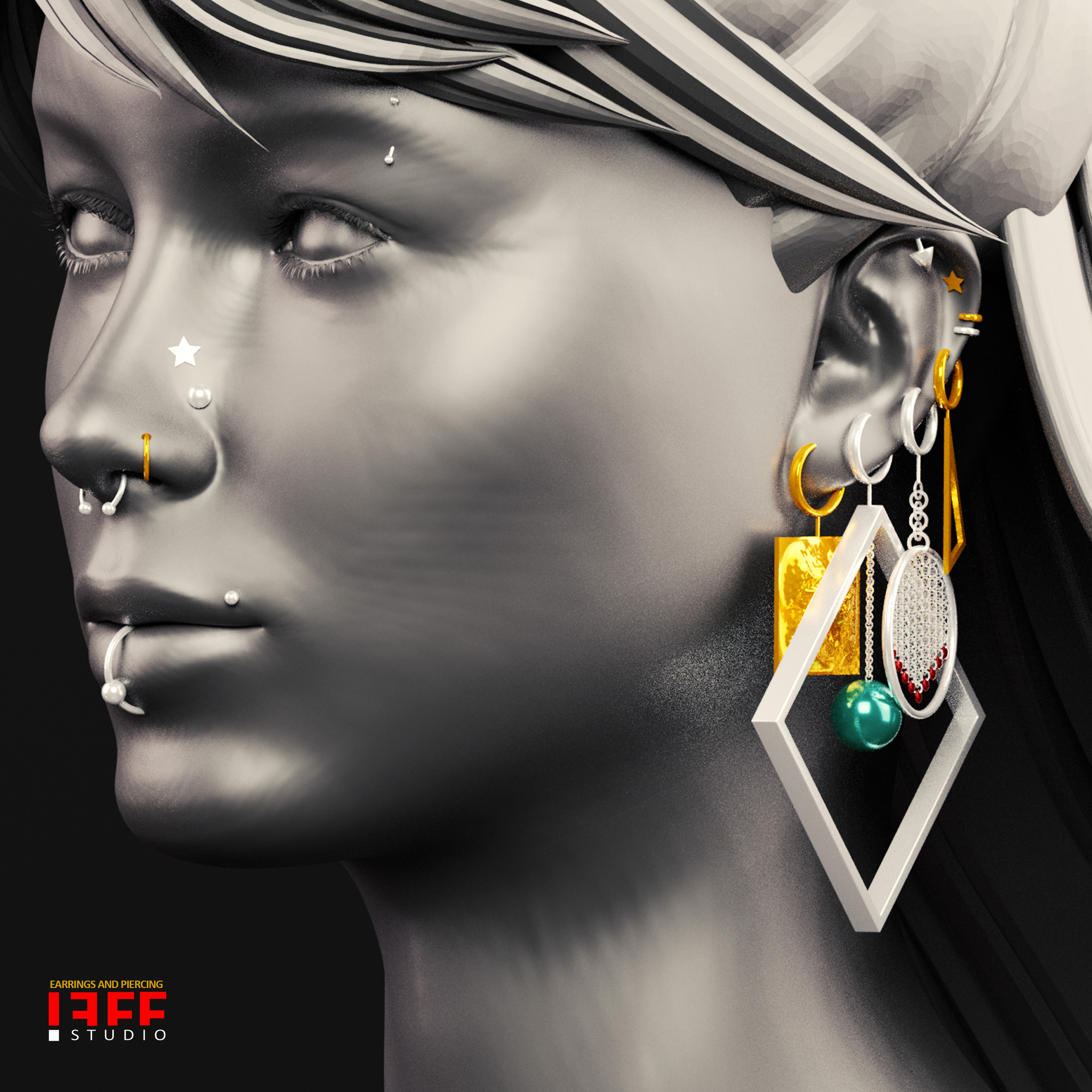 Jeff Studio - 70+ EARRINGS AND PIERCING JEWELRY BASEMESH (SUPER LOWPOLY)