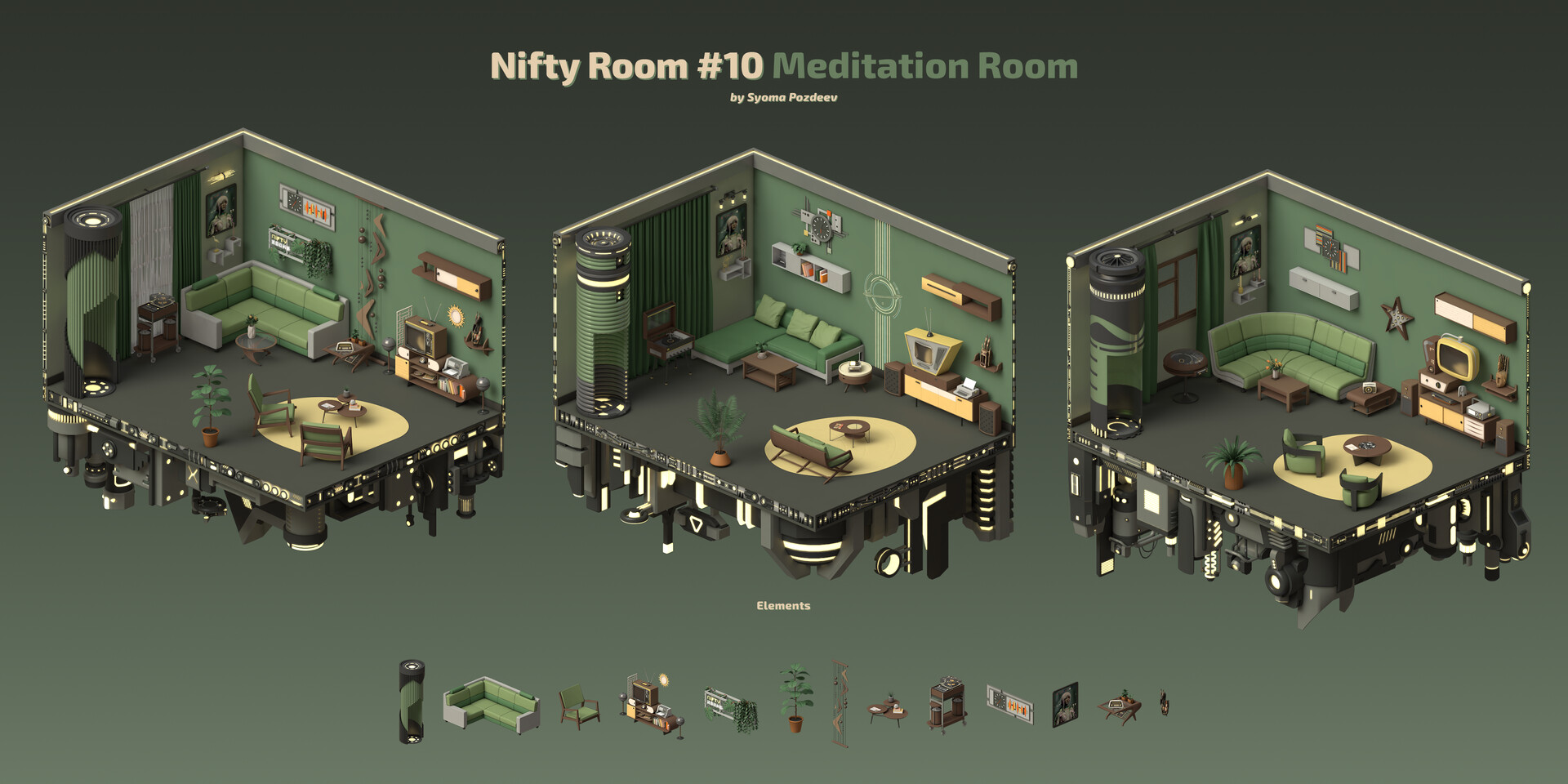 ArtStation - Retro Futuristic Isometric Rooms Series: Room #10 Meditation Room