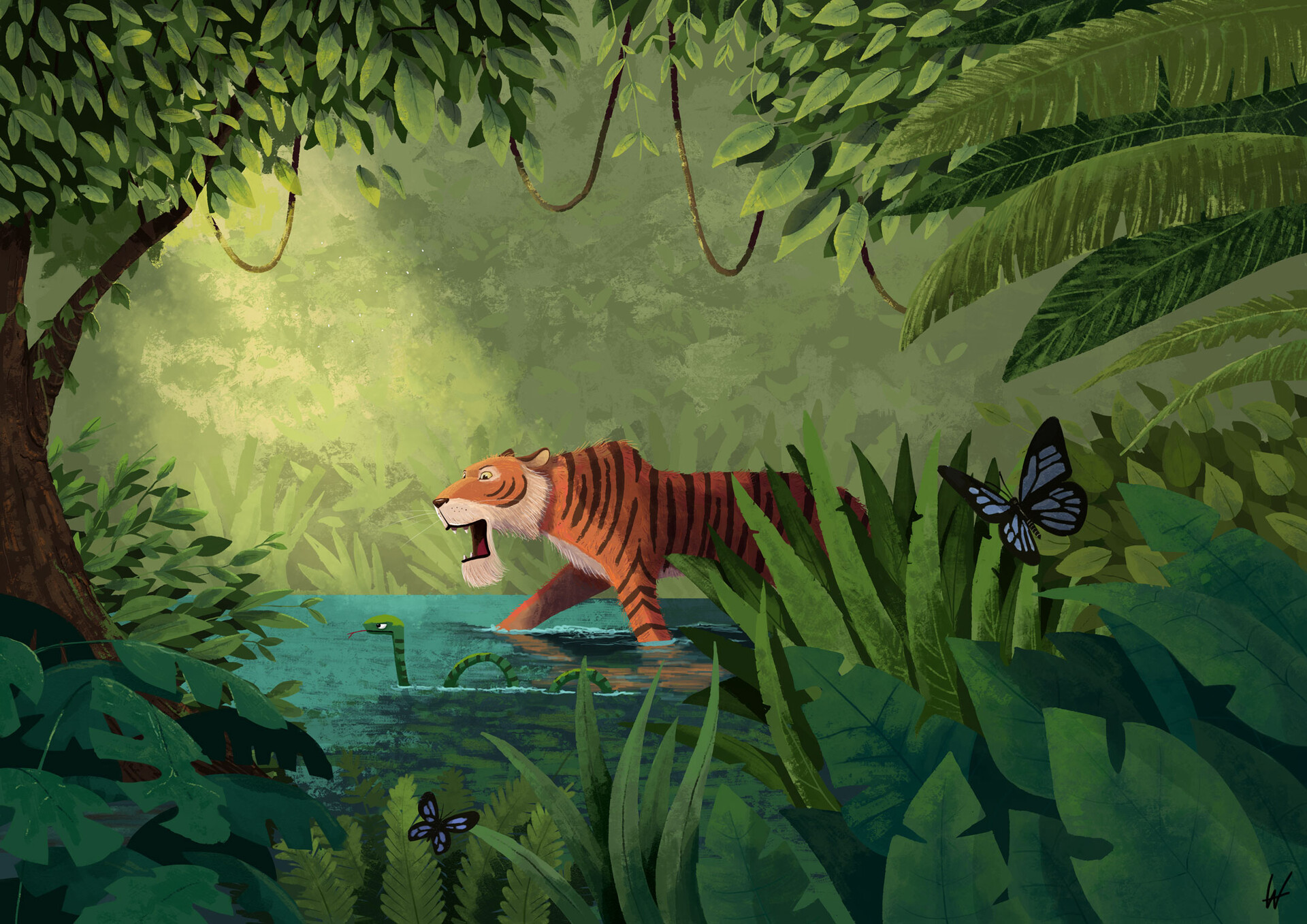 ArtStation - Tiger and snake strolling through the jungle