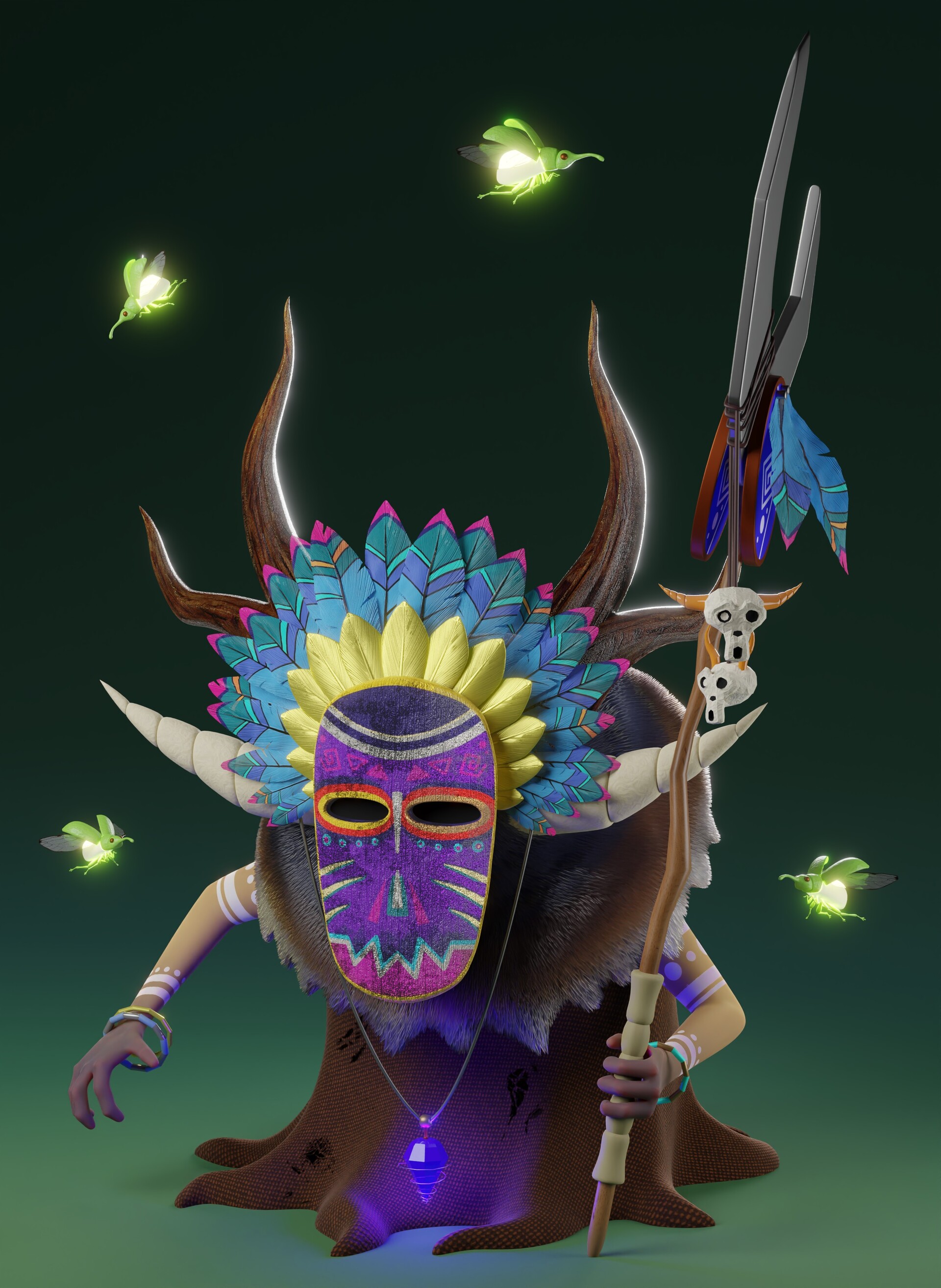 ArtStation - A shaman surrounded by fireflies